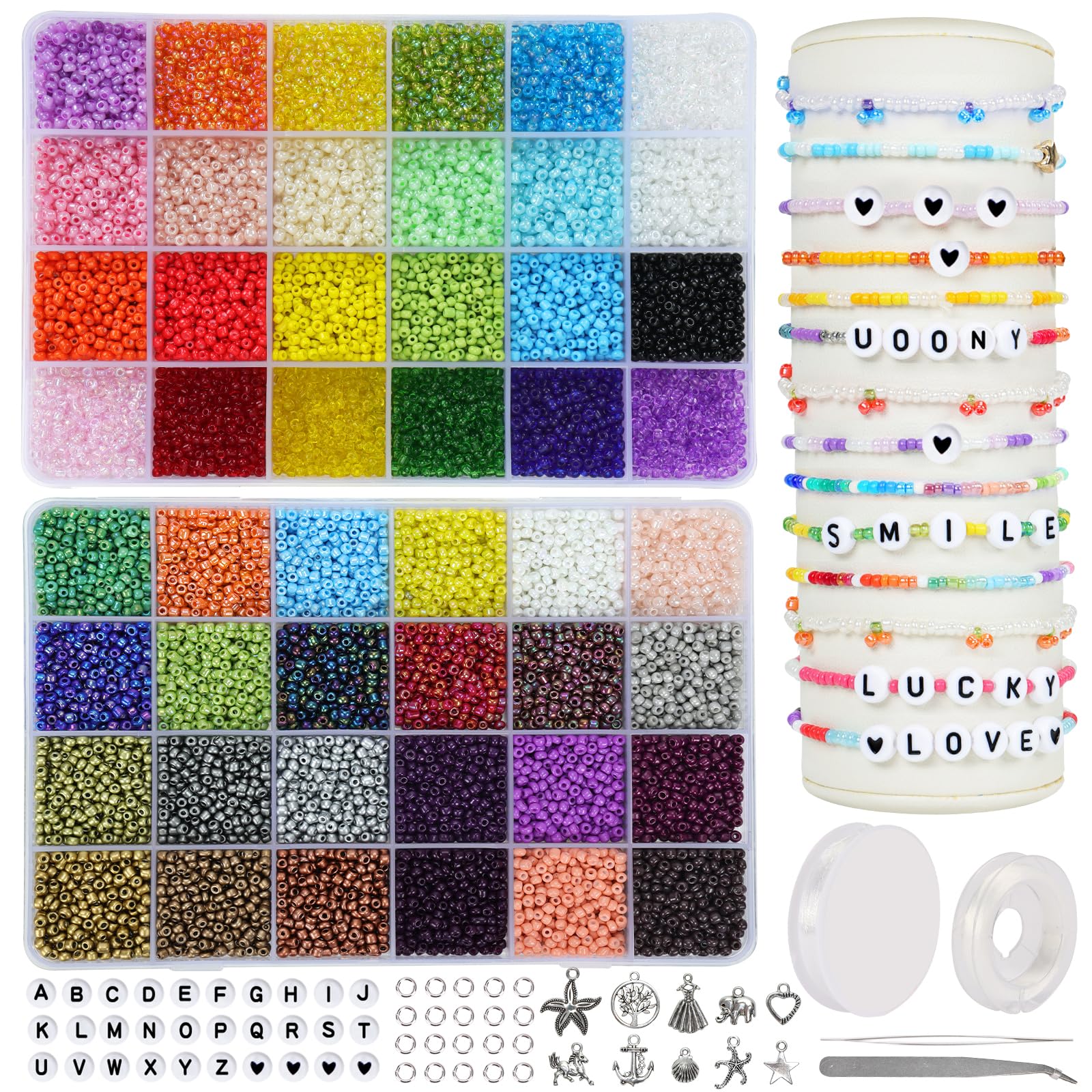 UOONY 16800pcs 48 Colors Glass Seed Beads for Jewelry Making Kit, 3mm Small Beads for Bracelets,Friendship Bracelet Beads for DIY,Waist Beads Set for Charm Bracelets Making, Gift DIY