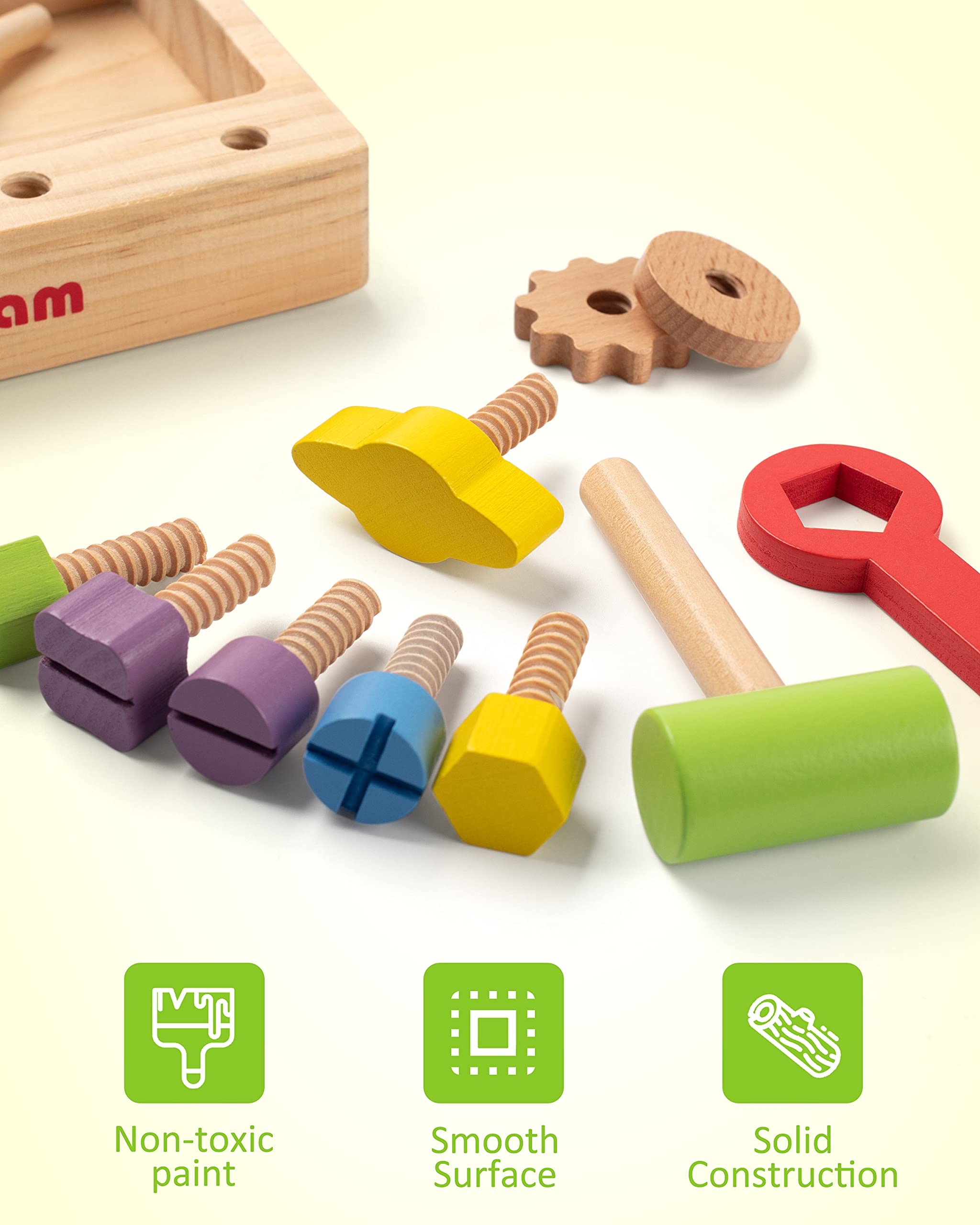 Coogam Wooden Tool Box, Toddler Fine Motor Skill Construction Building STEM Toy Set Nuts and Bolts Screw Driver Toolbox Kit Montessori Educational Gift for Preschool Year Old Kids