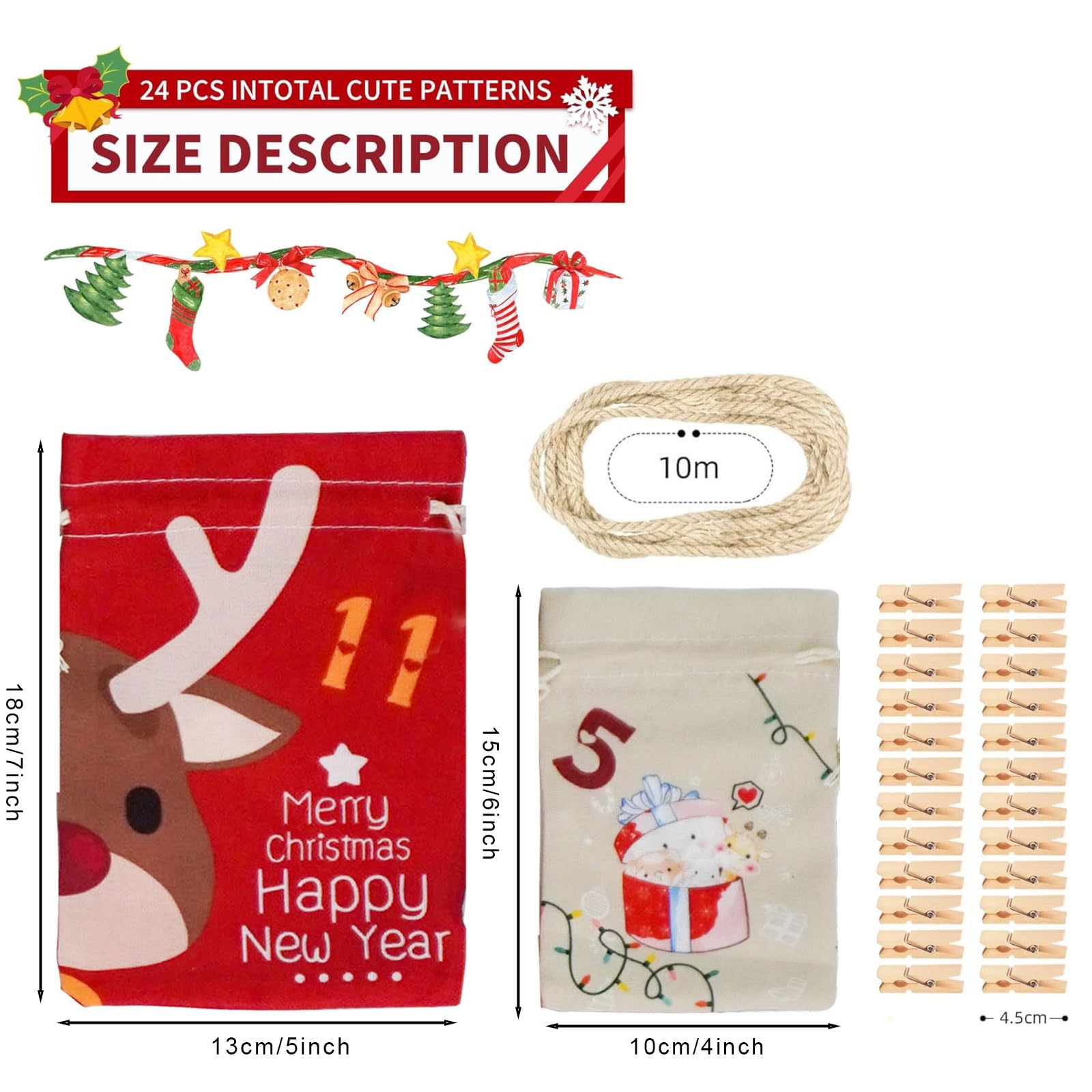 ARPADAMO 24 Pieces Christmas 24 Days Advent Calendar Bags-2024 Christmas Countdown Calendar Christmas Drawstring Gift Bags-Reusable DIY Makeup Advent Calendar Set-for Home Party Decoration Gift