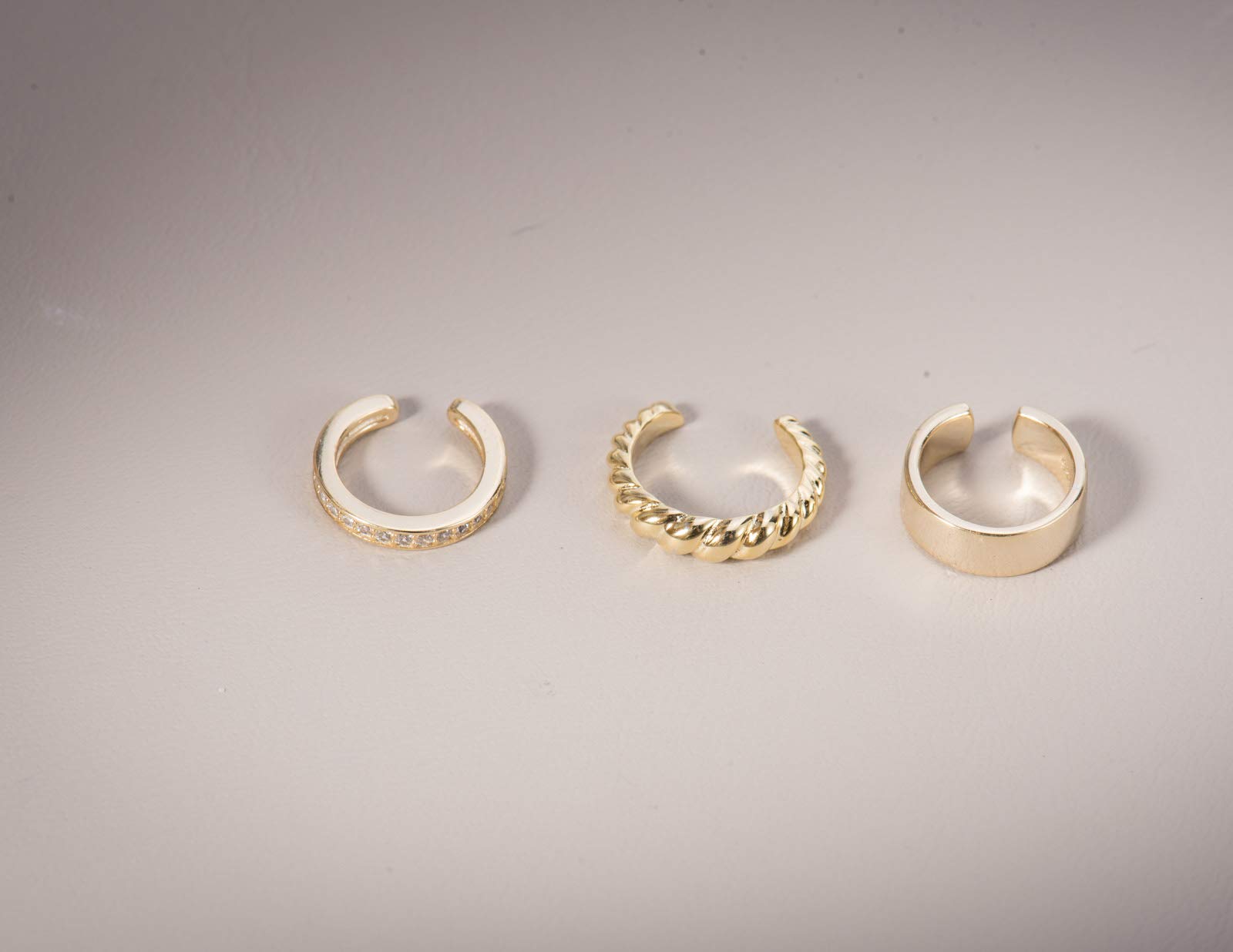 925 Sterling Silver 18K Gold Plated Huggie Ear Cuff for Women | Clip on Cartilage | Set of Three Ear Wraps | Bold Essentials