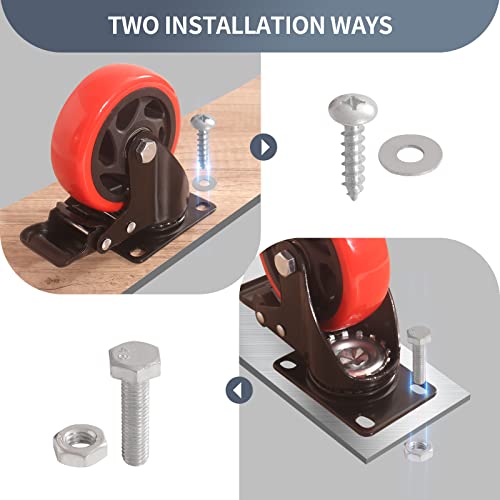Casters,4 Inch Caster Wheels, Casters Set of 4 Heavy Duty,Red Polyurethane Castors, Safety Dual Locking casters with Brake, Swivel Wheels Industrial Casters for Furniture and Workbench