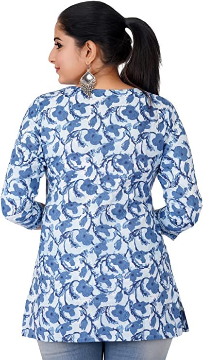 COTTON HTHRANG Indian Women's Tunics Tops, Cotton Hand Block Printed Short Kurti, Shirt, Blouse For Women Royal Blue