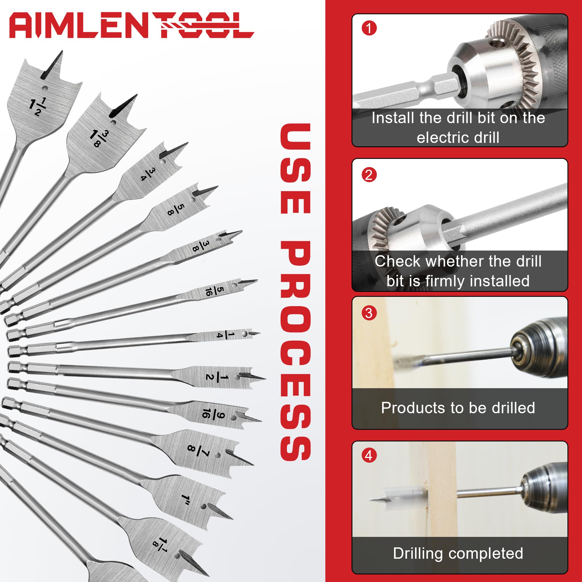 AIMLENTOOL 13 Piece Spade Drill Bit Set, Paddle Flat Bit for Woodworking, Hole Cutter Wood Drill Bit Set with Quick Change Shank, 1/4" to 1-1/2", Nylon Storage Pouch Included