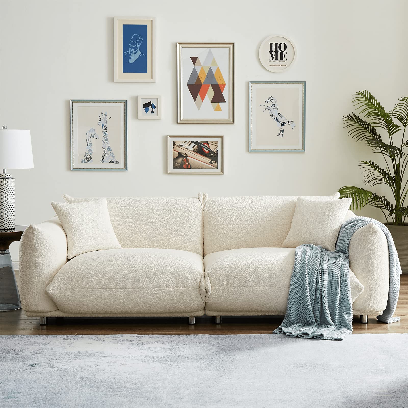 Hison Lambswool 3 Seat Cushion Couch 87'' Comfy Couch for Living Room Deep Seat Sofa with 2 Pillows (White)