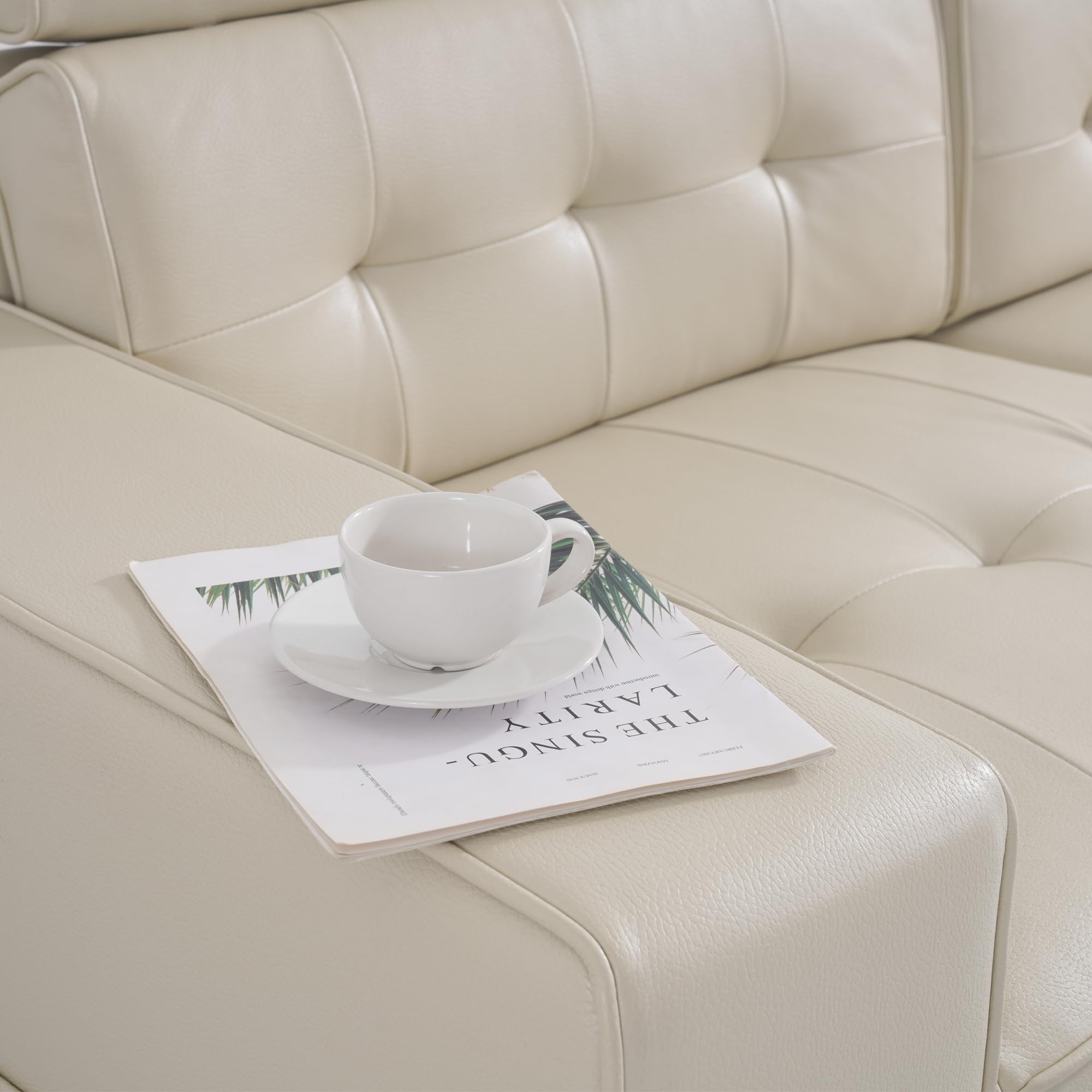 83" Leather Sofa with Adjustable Headrest Mid Century Modern Double Loveseat Sofa for Living Room Bedroom Apartment Office,2 Seater Luxury Classic Wide Armrest,Deep Seat (Leather, White)