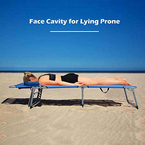 GYMAX Tanning Chair, Beach Lounge Chair with Face Hole, 5 Level Adjustable Backrest, Removable Pillow & Carry Handle, Adult Layout Sunbathing Chair for Outside Beach Poolside Lawn Patio (1, Blue)