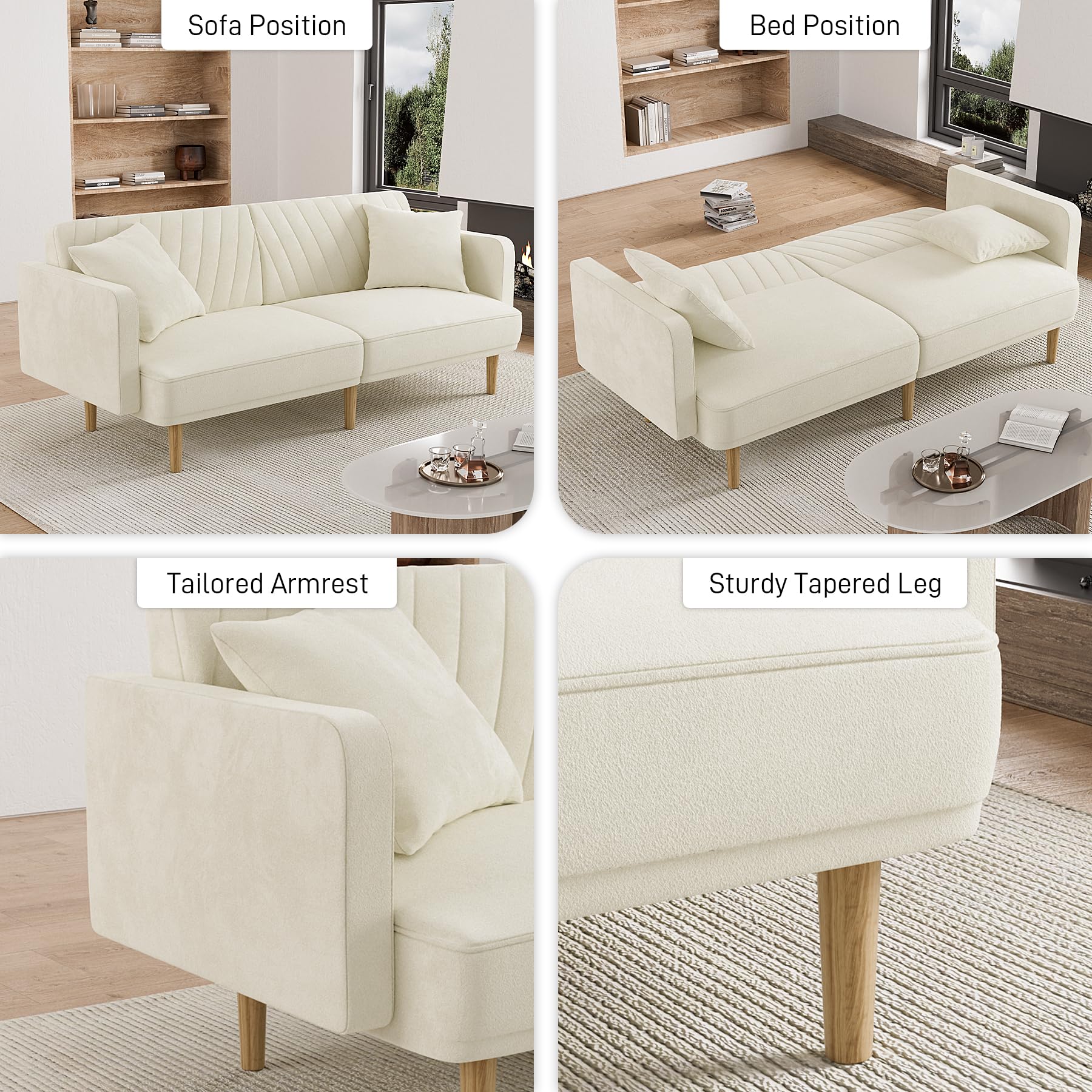 OUYESSIR Futon Sofa Bed, 75.3", Couch, Small Sofa, Sleeper Sofa, Loveseat, Mid Century Modern Velvet Futon Couch with 2 Pillows for Living Room (Beige White Velvet, Futon)