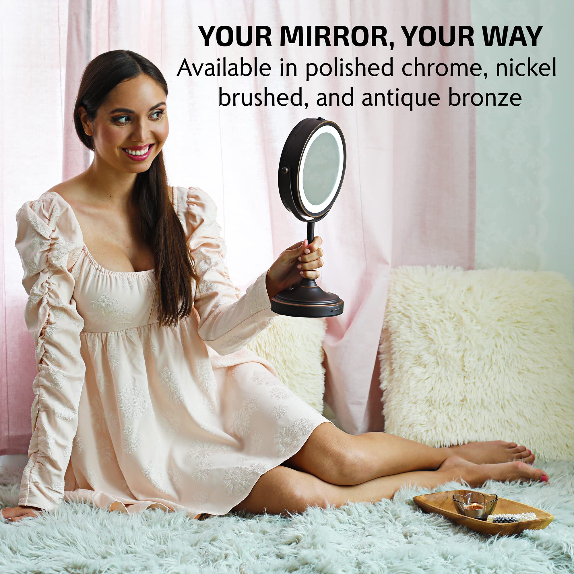 OVENTE 7'' Lighted Makeup Mirror with 1X/7X Magnification, Cordless Tabletop Mount Vanity Mirror with 360° Swivel Design & Double Sided Glow Cosmetic White LED Ring Light, Antique Bronze MCT70ABZ1X7X