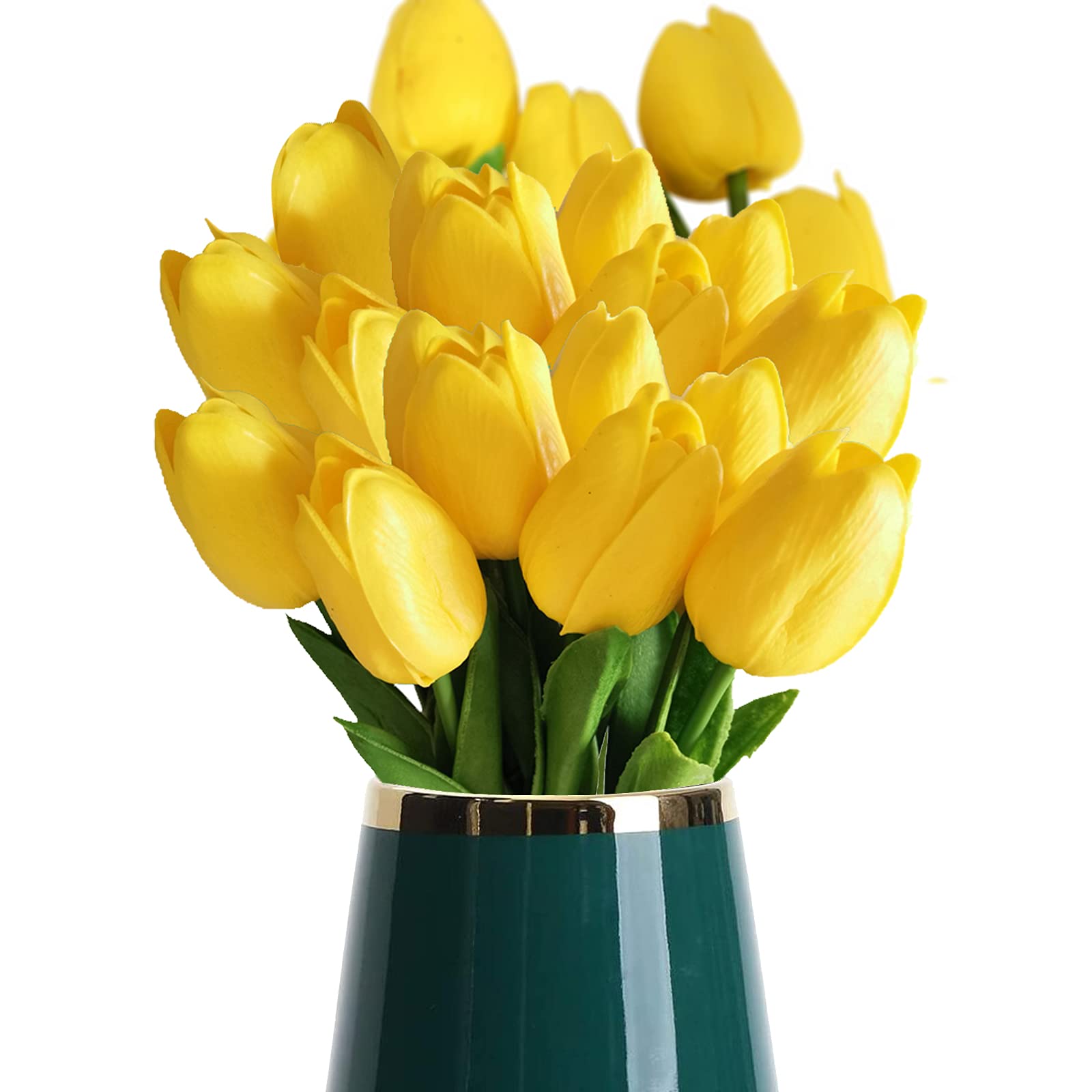 BOMJJOR 20 Heads Tulips Artificial Flowers Real Touch Tulips Silk Artificial Tulips Flower Bouquet for Room Centerpiece Party Wedding Office Garden Home Decor 13.4" Authentic PU Tulips (Yellow)