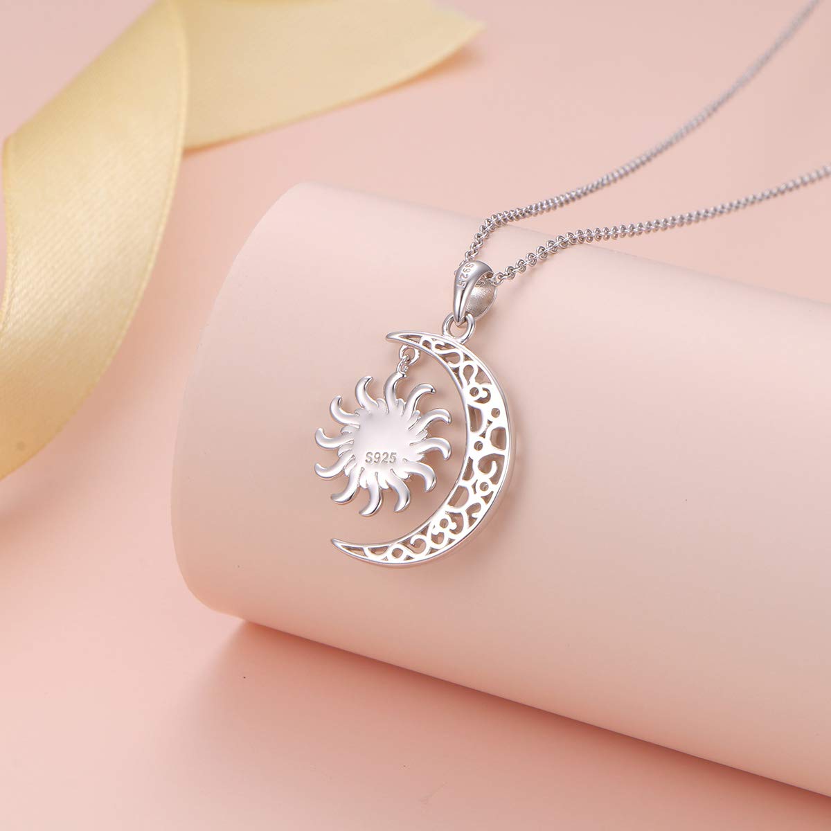 925 Sterling Silver Sun and Moon Necklace for Women Celtic Crescent Moon Opal Sun Pendant Birthday Gift Jewelry
