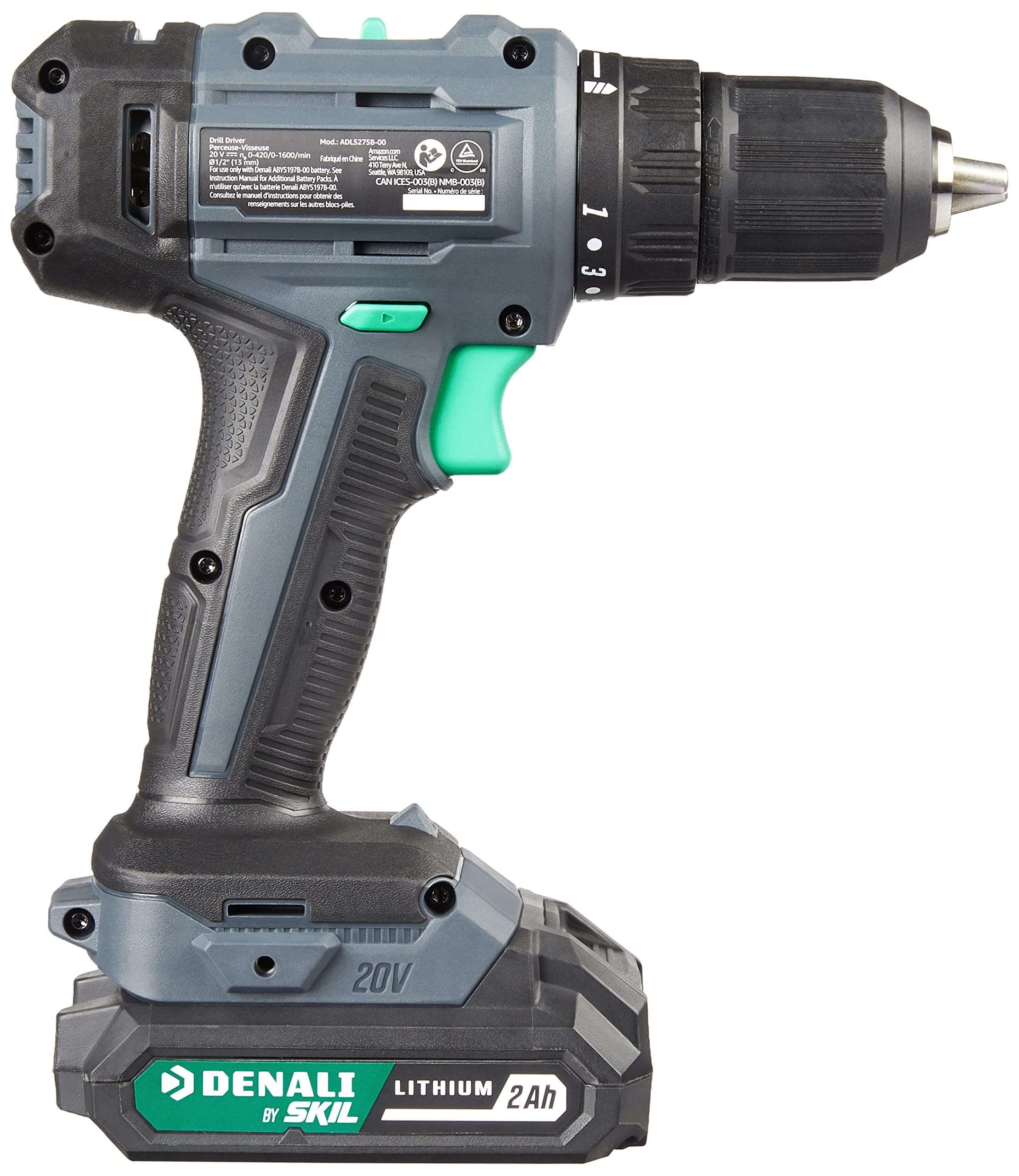 Amazon Brand - Denali by SKIL 20V Drill Driver Kit with 36 Piece Bit Set, Includes 2.0Ah Lithium Battery, 1A Compact Charger and Carry Bag, Blue