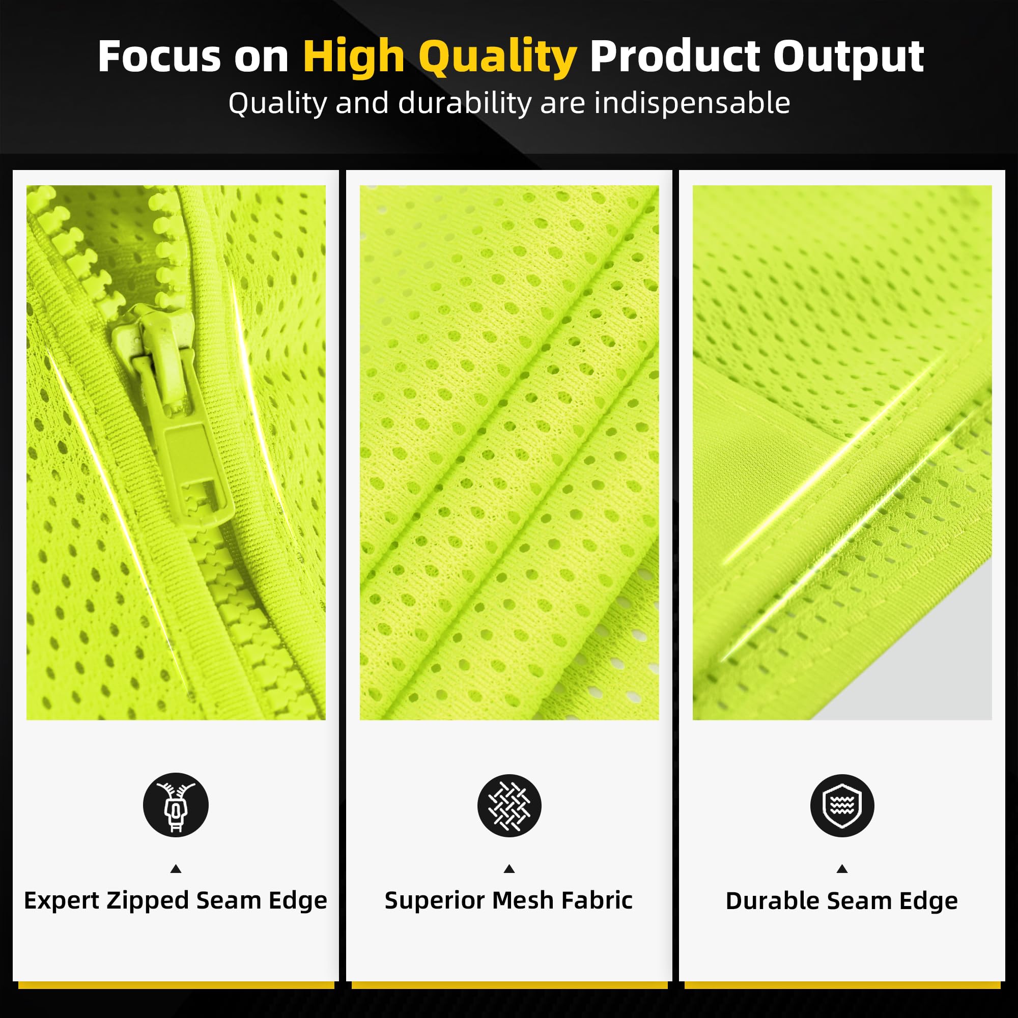 SHORFUNE High Visibility Mesh Safety Vest with 10 Pockets, Mic Tabs, Zipper and Reflective Strips, Reflective Construction Vest for Men and Women, ANSI/ISEA Standards, Yellow, L