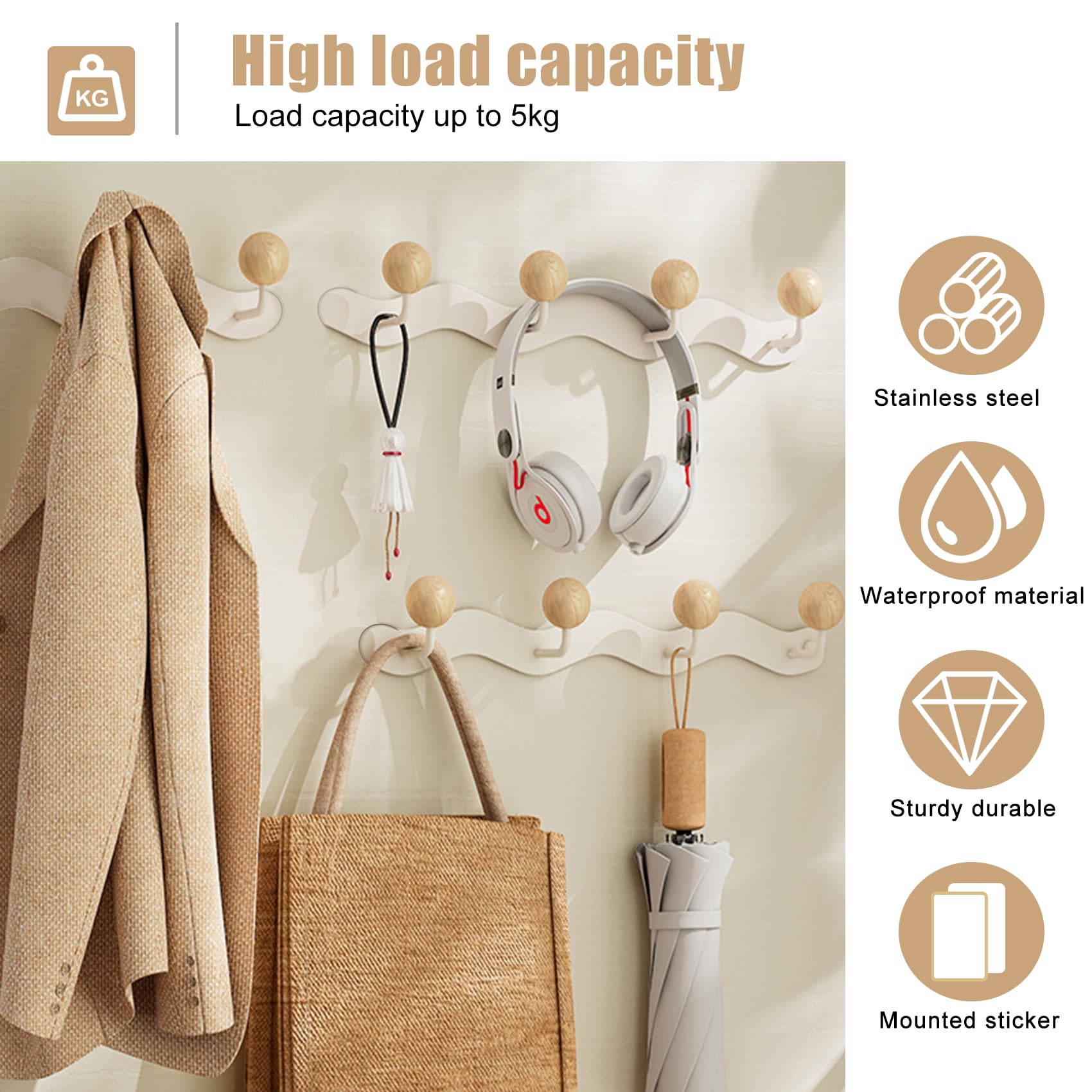 Asruito Coat Hooks for Wall, Key Holder Wall Mount, Coat Rack Wall Mount, Wall Hooks for Coats, Hooks for Hanging Hat Towel Purse Robes Mudroom Bathroom Entryway