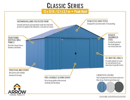 Arrow Classic Metal Shed, 12 x 12, Flute Grey