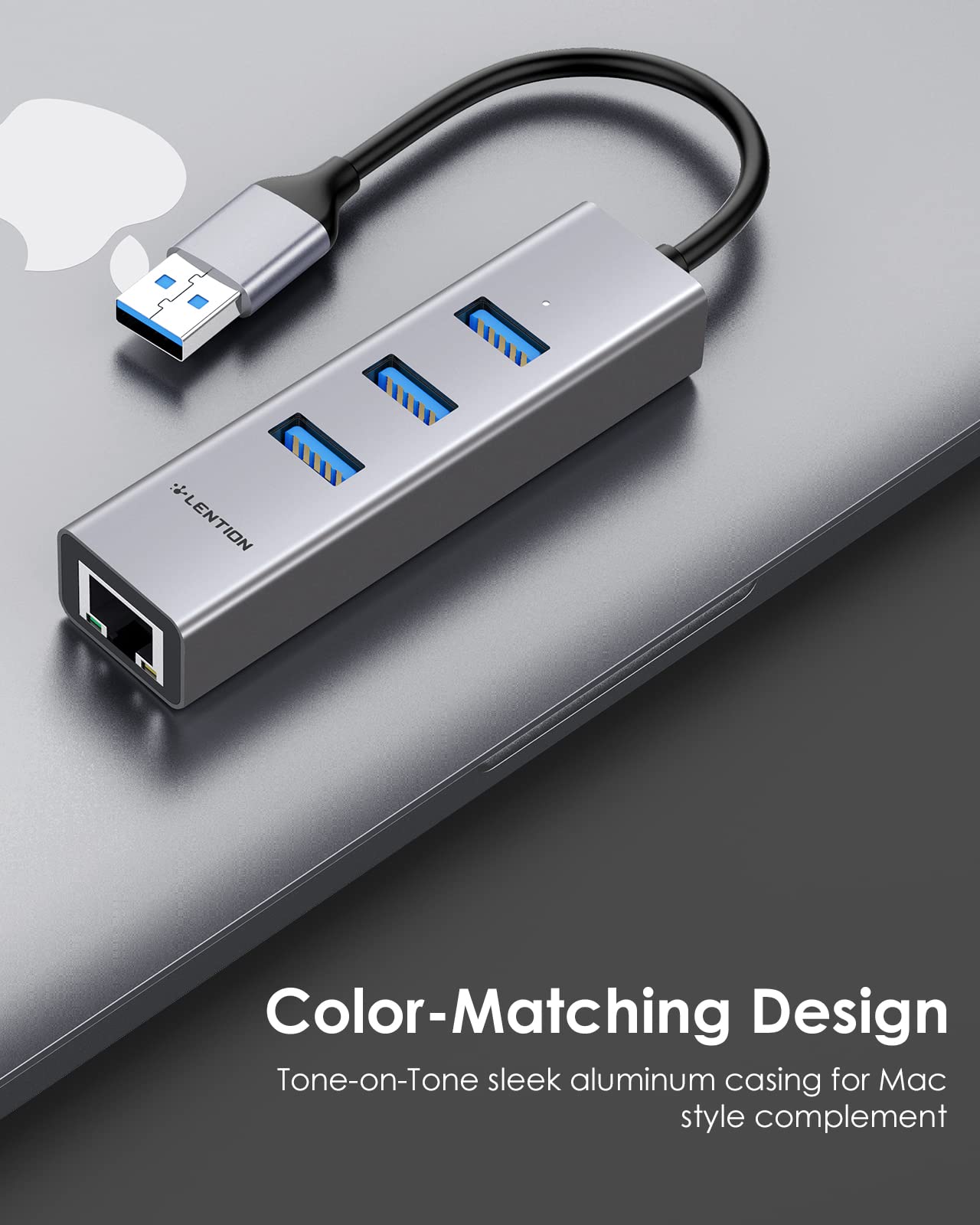 LENTION USB Hub to 3 USB 3.0 & Gigabit Ethernet LAN RJ45, Network Adapter Compatible MacBook Air/Pro (2009-2015), Surface, Chromebook, More Type A Devices, Stable Driver Certified(H23s, Space Gray)