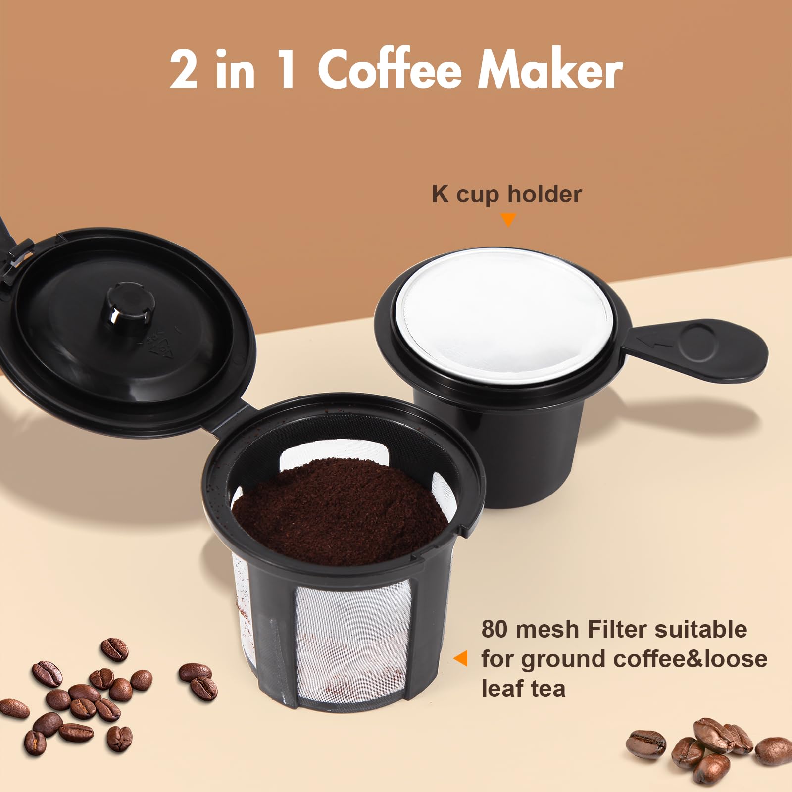 Aiosa Single Serve K Cup Coffee Maker And Ground Coffee Machine 2 in 1, 8 to 14 Oz Brew Sizes, Mini Personal One Cup Coffee Maker, Fits 7in.Travel Mug,Auto Shut Off,800W,Reusable Filter, CM-208RM1