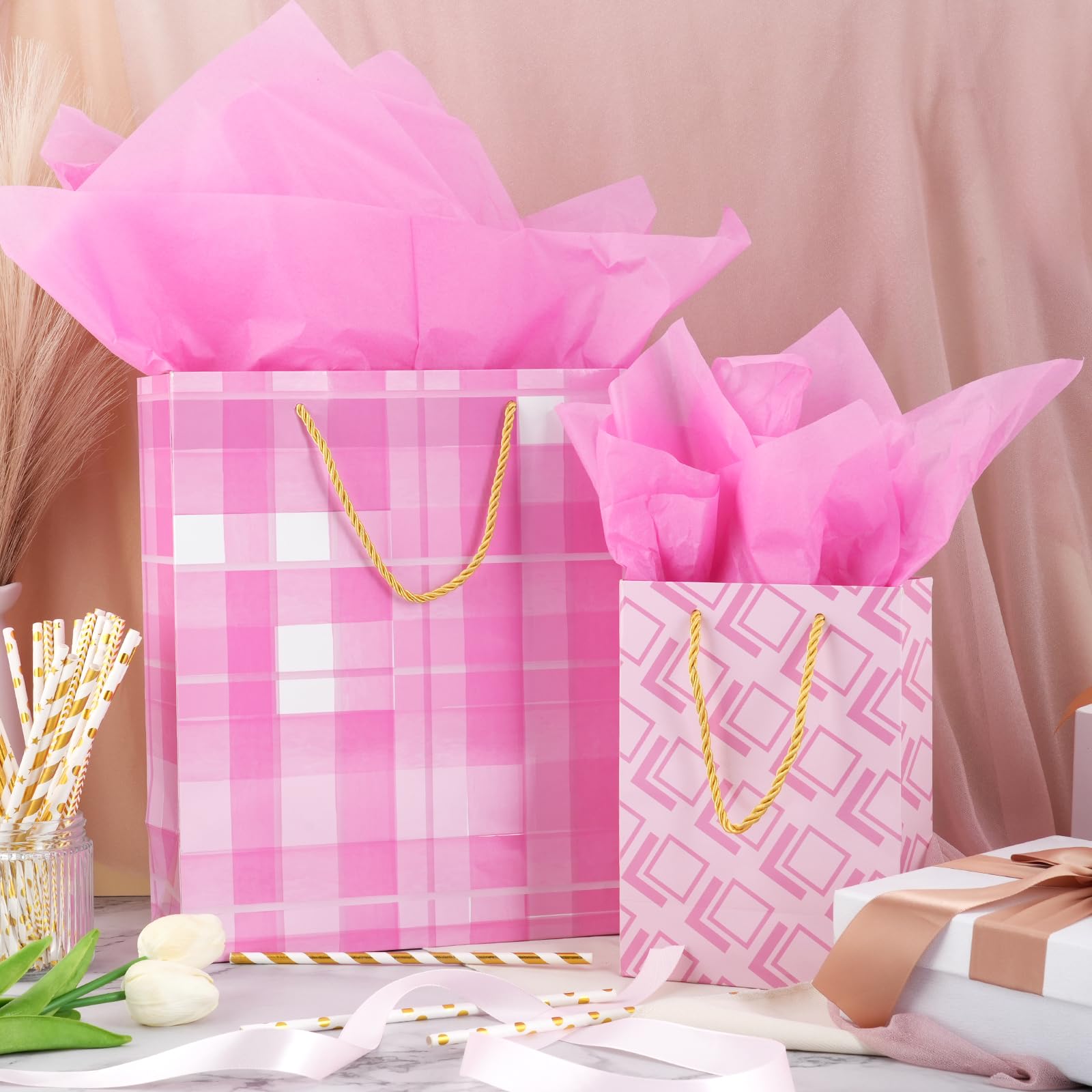 Moretoes 12 Pack Gift Bags Assorted Sizes and Designs, Gift Bag Set with Handle and Tissue Paper for Birthday, Baby Showers, Wedding, Valentine's Day (4 Small 8", 4 Large 13", 4 Extra Large 16")