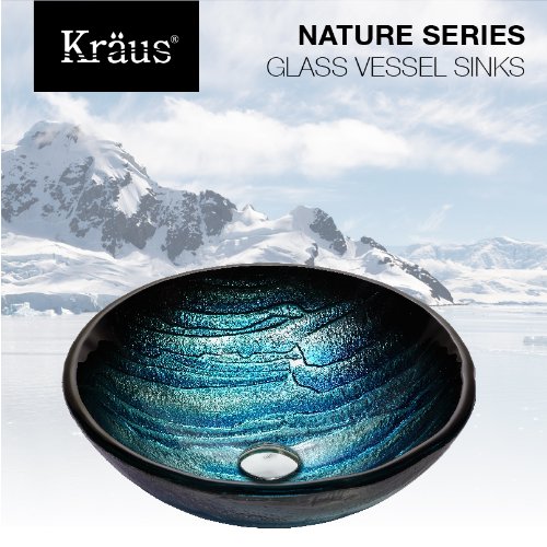 AUS Nature Series™ Blue Glass Bathroom Vessel Sink and Waterfall Faucet Combo Set with Matching Disk and Pop-Up Drain, Satin Nickel Finish