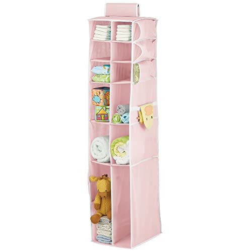 mDesign Long Soft Fabric Over Closet Rod Hanging Storage Organizer with 12 Divided Shelves, Side Pockets for Child/Kids Room or Nursery, Store Diapers, Wipes, Lotions, Toys - Pink/White