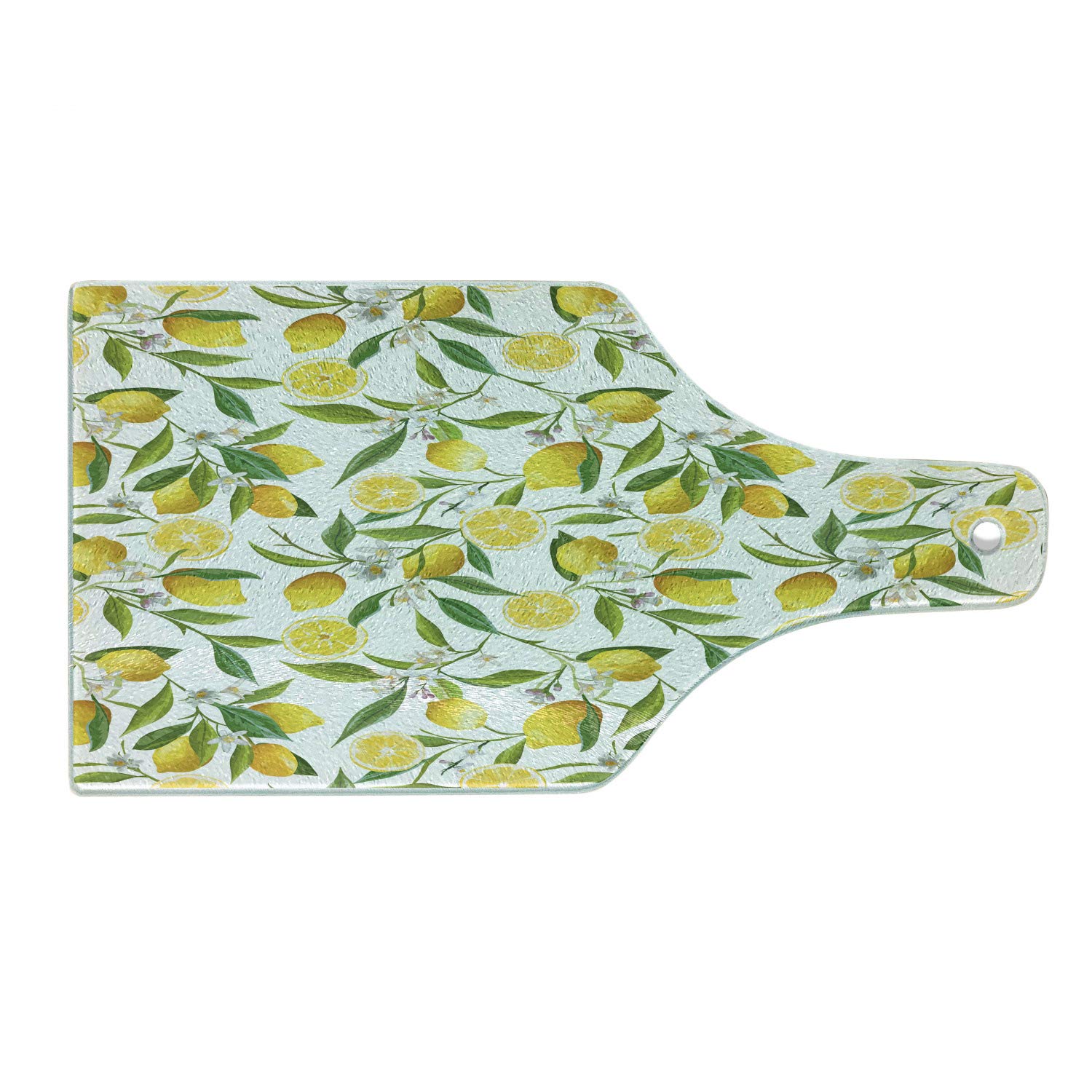 Ambesonne Nature Cutting Board, Exotic Lemon Tree Branches Yummy Delicious Kitchen Gardening Design, Decorative Tempered Glass Cutting and Serving Board, Wine Bottle Shape, Fern Green Yellow White