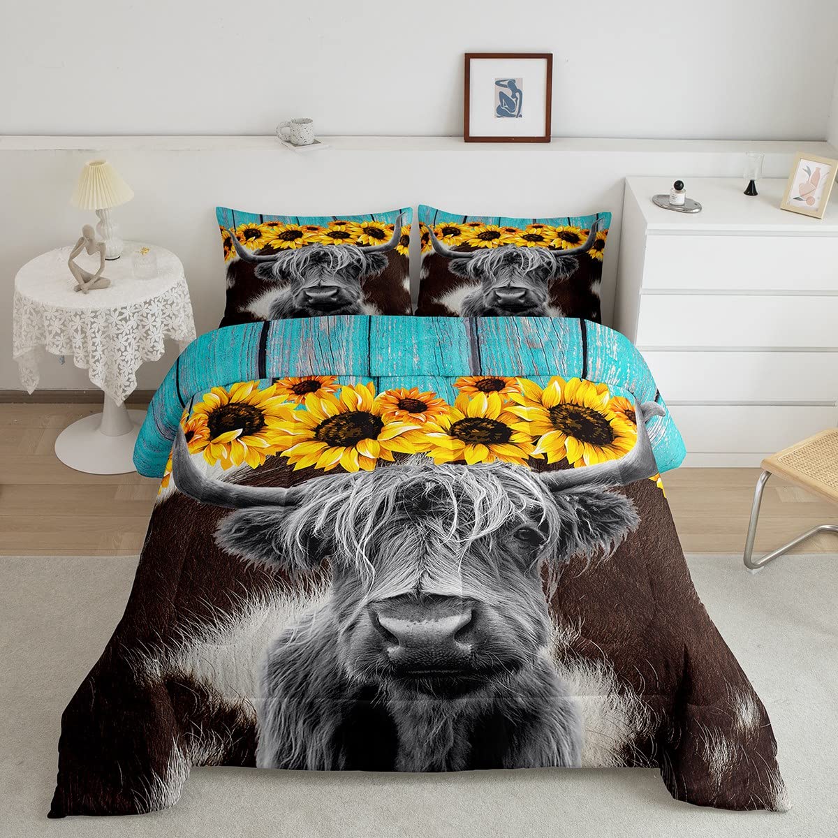 Highland Cow Bedding Set King Vintage Cow Fur Pattern Comforter Set For Kids Boys Girls Botanical Floral Quilted Comforter Farmhouse Western Cowboy Duvet Insert Retro Wooden Board Bedding, Blue Brown