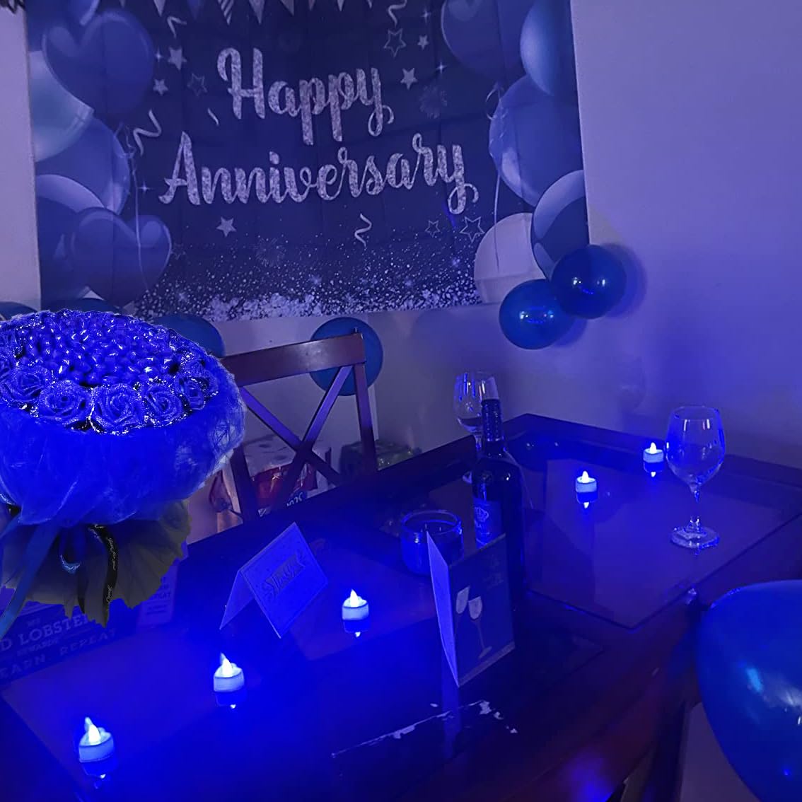 AUSAYE 1000 Pieces Artificial Rose Petals with 24 Pcs Heart Shaped LED Candles Smokeless Romantic Love LED Tea Lights for Night Valentine's Day Anniversary Wedding Table Decor Blue Party Decoration
