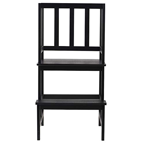 SUNYAO Kids Kitchen Step Stool with Safety Rail - Bamboo Step Stool for Toddlers Age 18 Months and Older, Black Color