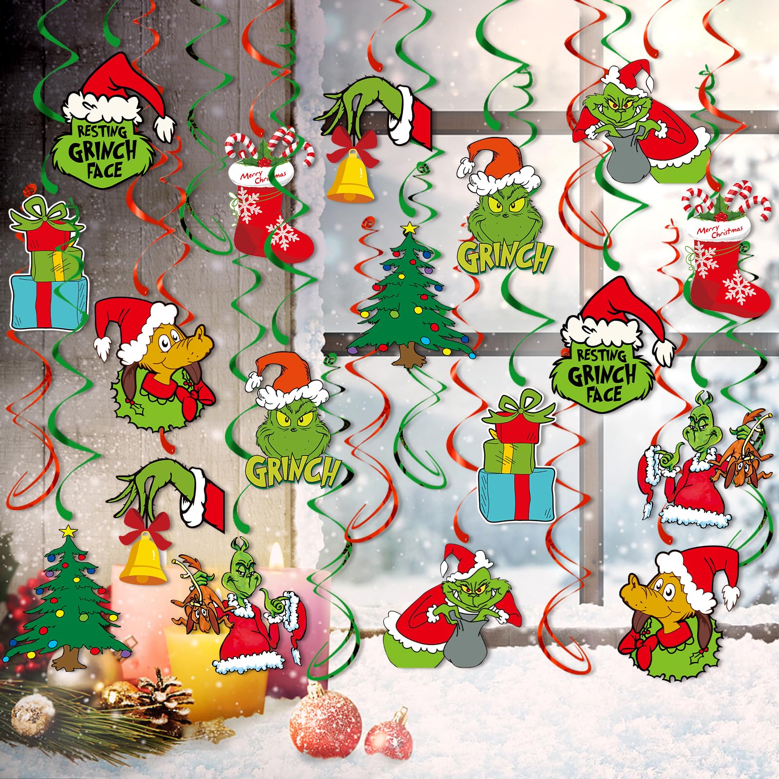 Grinch Party Decoration Merry Christmas Grinch Hanging Swirl Ceiling Decor Grinchmas Birthday Party Supplies 44 Pcs