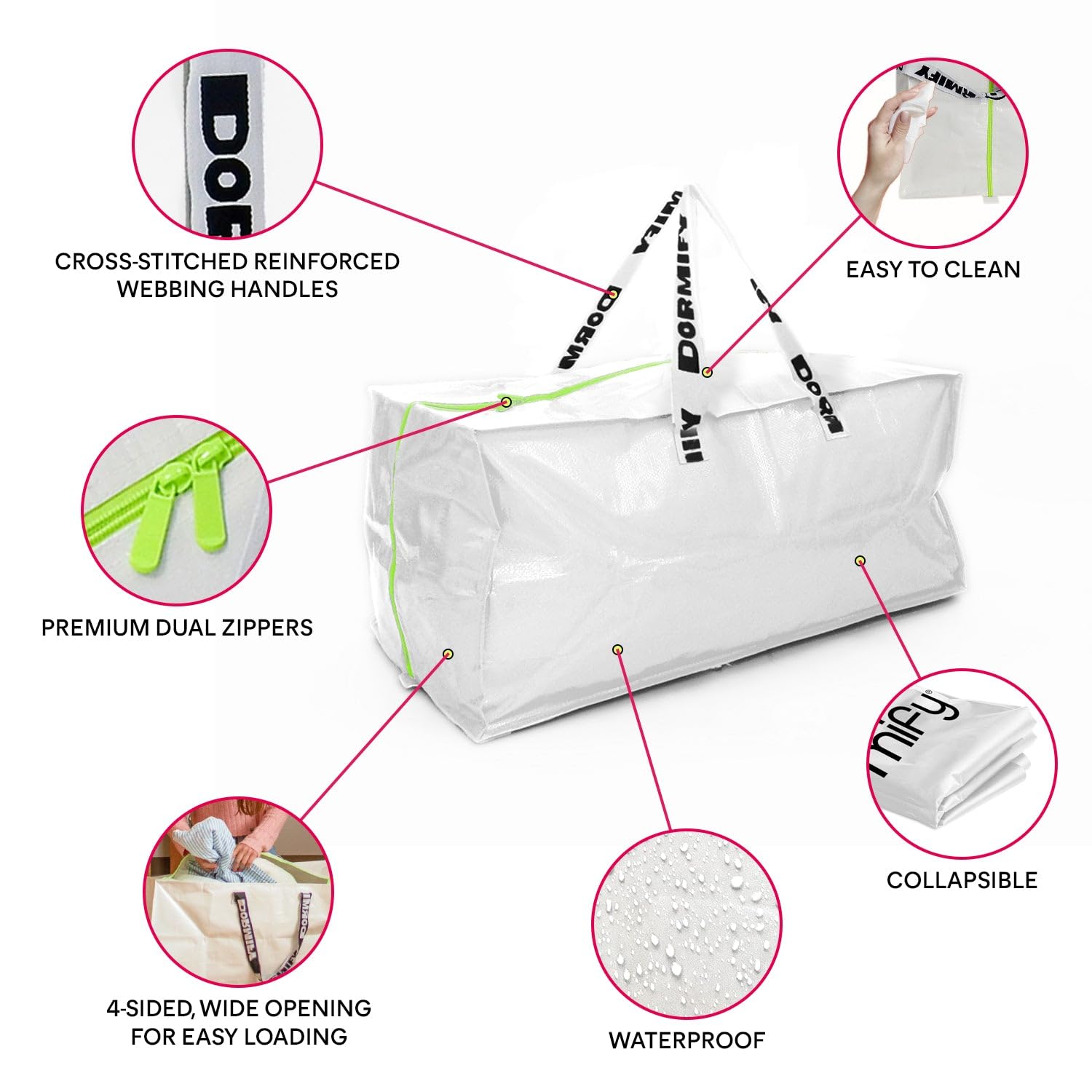 Dormify Storage Duffle Bag | White | Heavy Duty Moving Bag | Laundry Bag | Travel Bag | Waterproof with Comfortable Straps | Dorm & College Essentials | 2 Pack