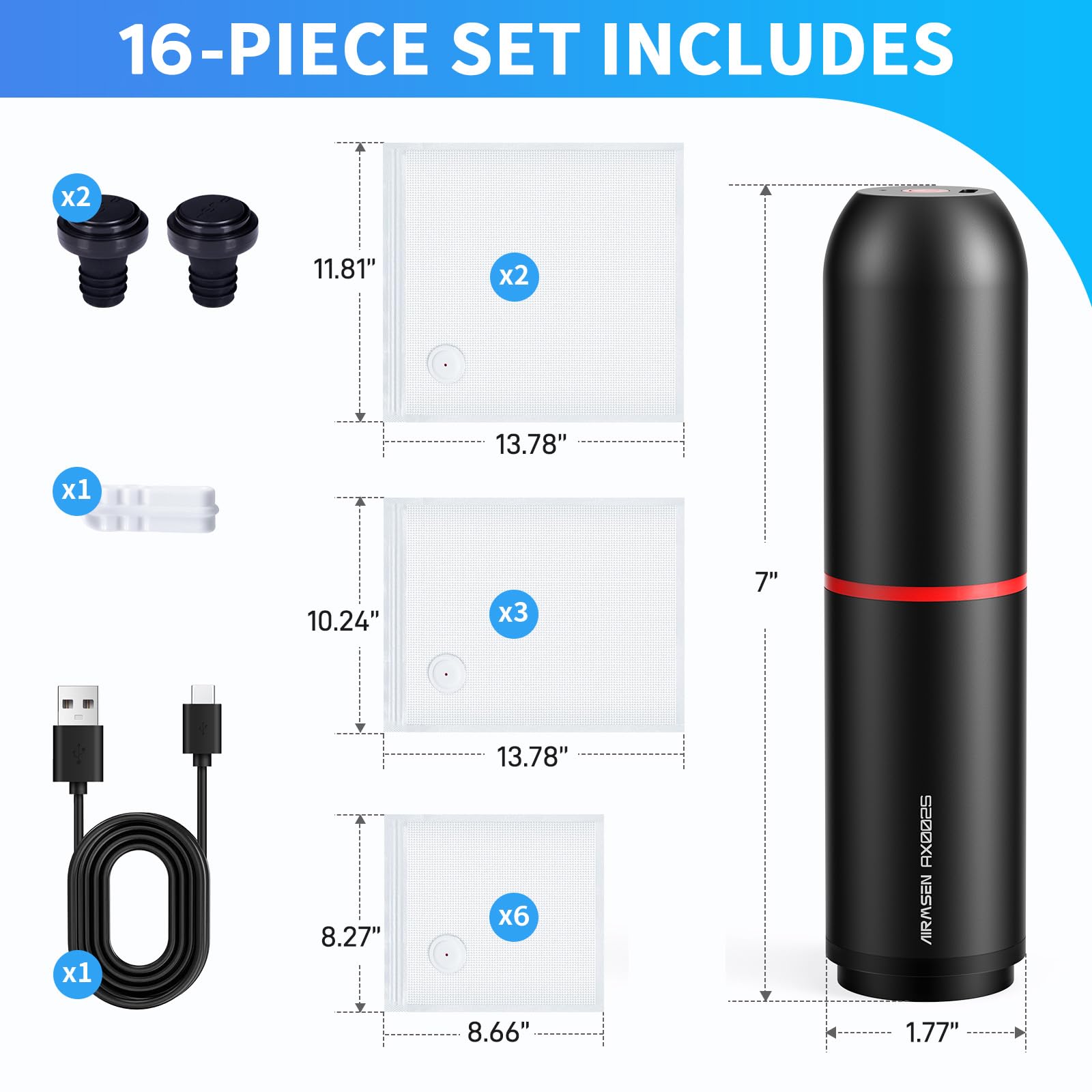 AIRMSEN Handheld Vacuum Sealer for Food Preservation & Storage, Portable Mini Vacuum Sealer with 11 PCS Reusable Sous Vide Bags and 2 PCS Vacuum Wine Sealer