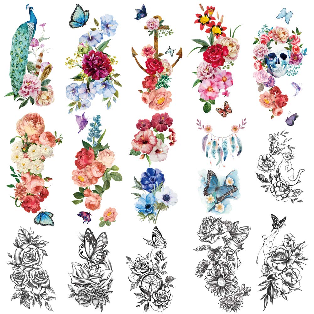 Yazhiji 15 sheets large Sexy waterproof Temporary Tattoos for Men Women Flowers Collection (19X9 CM)