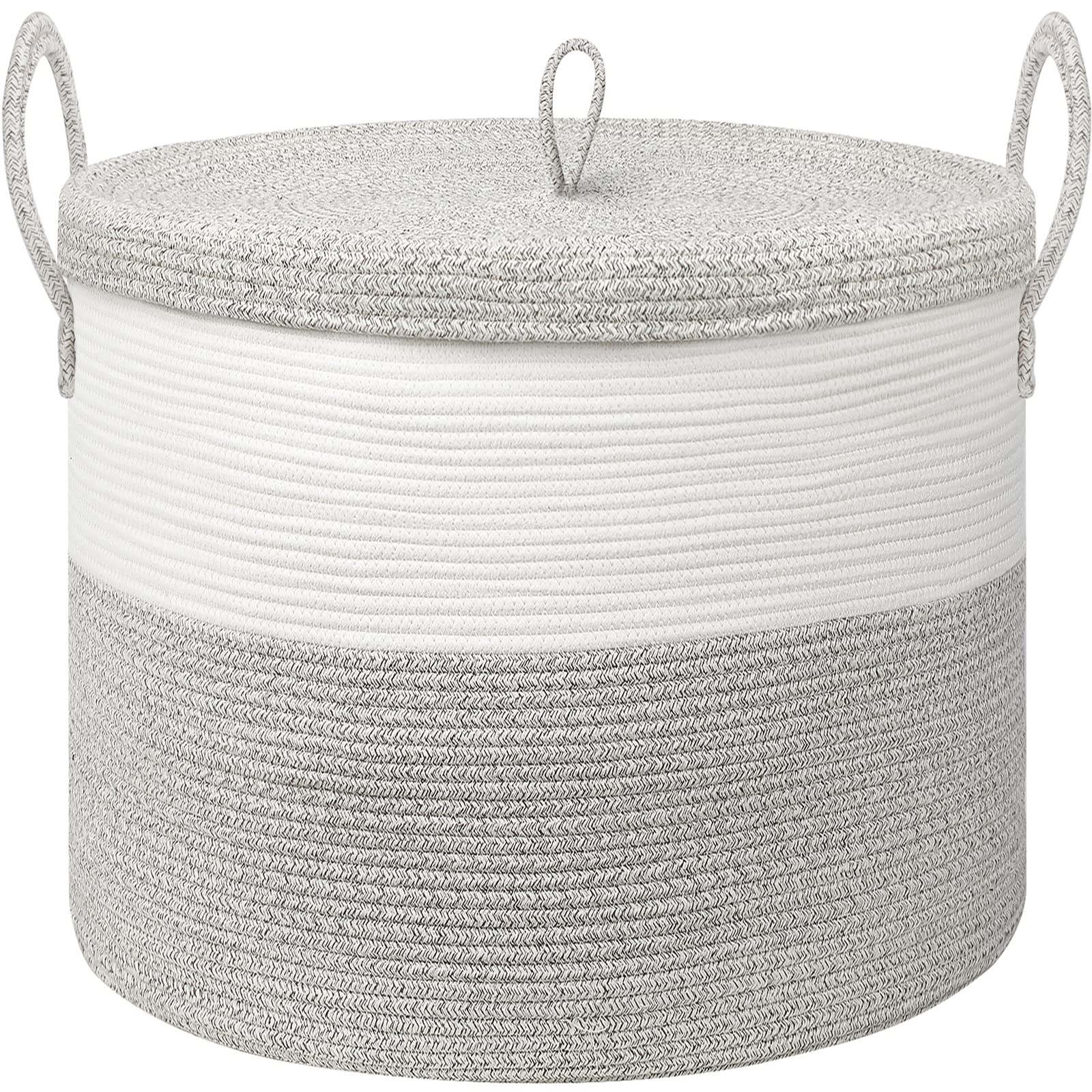 LOVSTORAGE 20.5"x 15" Large Rope Blanket Basket with Lid, Woven Storage Basket Baby Laundry Basket Hamper Decorative Nursery Toy Basket Bin with Handles for Living Room Bedroom-White&Brown, L