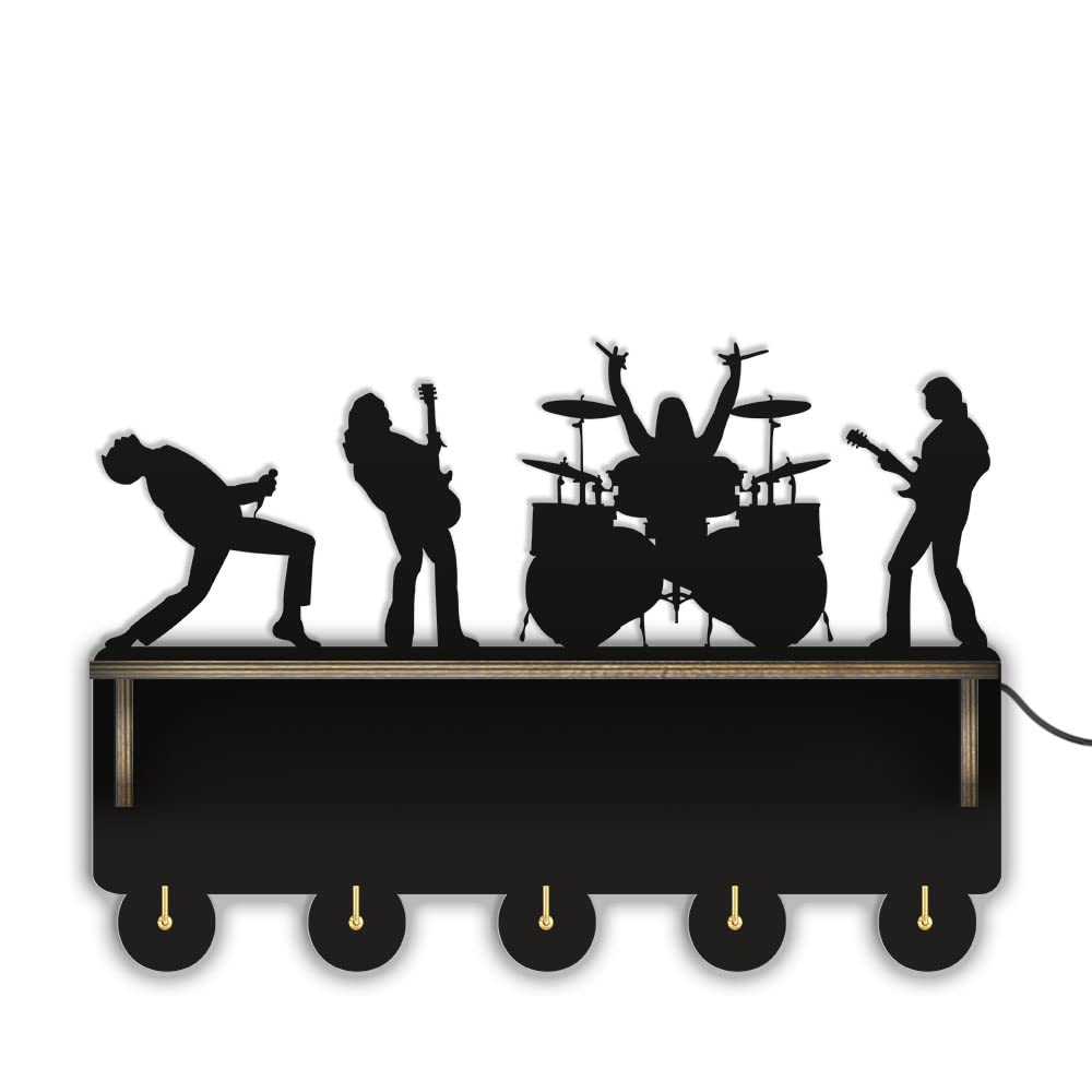 The Geeky Days Rock Band Key Holder for Wall, Musical Theme Wooden Wall Mounted Hat Coat Rack with Mail Medal Organizer Shelf, 5 Metal Hooks Hanger, for Music Lover Studio Hanging Decor