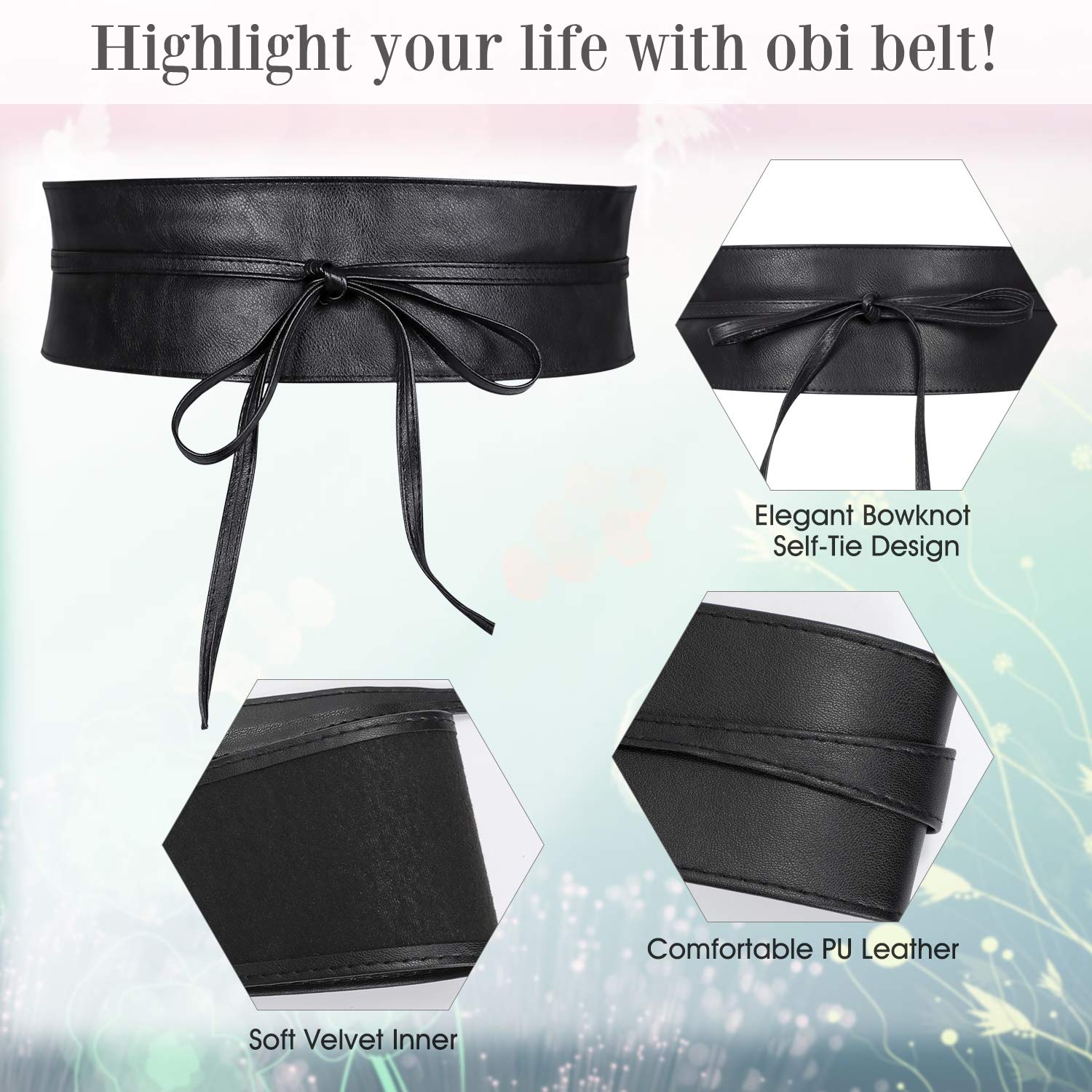 4 Pack WERFORU Women Obi Belt PU Leather Self Tie Wrap Wide Waistband Boho Belt for Costumes, Black+White+Brown+Coffee, Suit for Waist Size 33"-38"