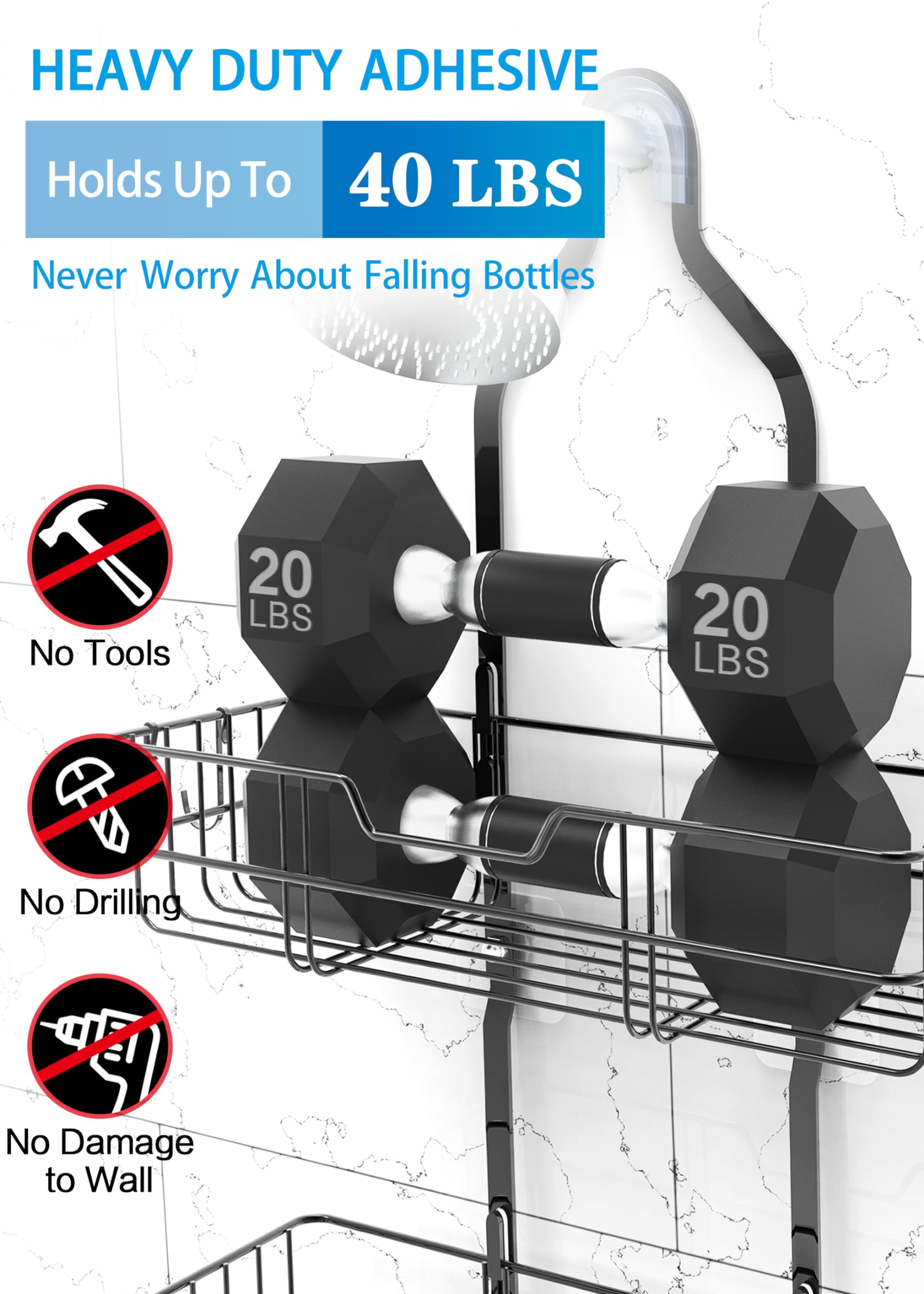Turfson Hanging Shower Caddy Over Shower Head,Height Adjustable Shower Organizer Hanger Storage Rack Shelf For Inside Rustproof Bathroom Wall Basket With Soap Shampoo Holder Organization Black
