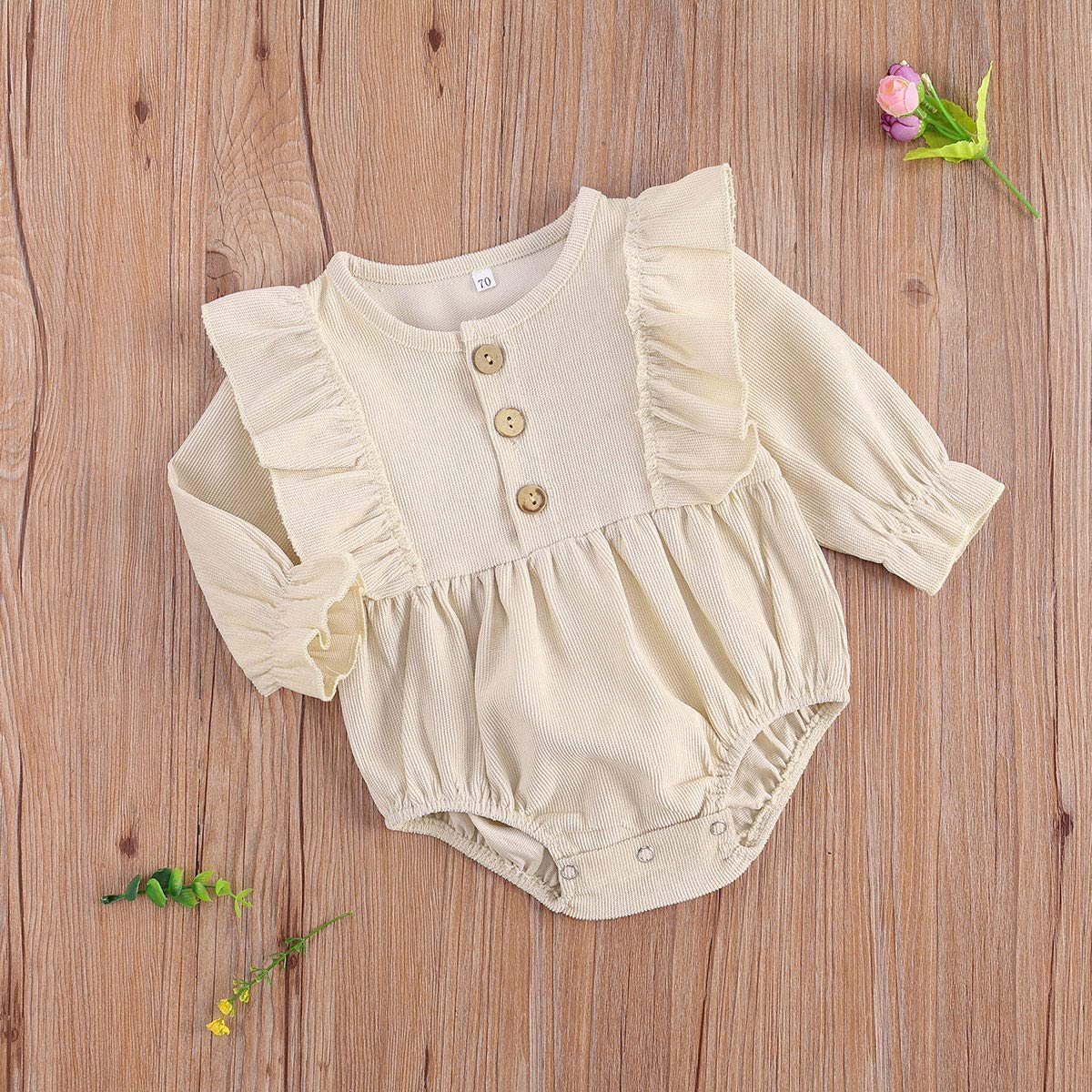 Sasaerucure Infant Baby Girl Clothes Solid Ruffle Long Sleeve Romper Bodysuit Tops One Piece Jumpsuit Fall Winter Outfit (Apricot, 0-3 Months)
