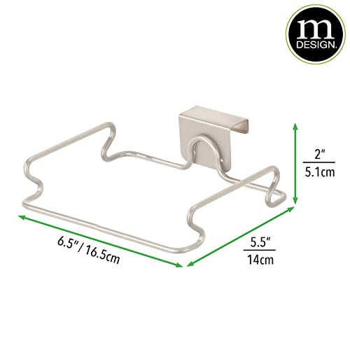 mDesign Over the Cabinet Metal Wire Small Garbage Container, Trash Bag Holder Rack for Recycled Reusable Disposable Plastic Shopping Grocery Bags for Kitchen, Pantry, Garage, Bathroom - Satin
