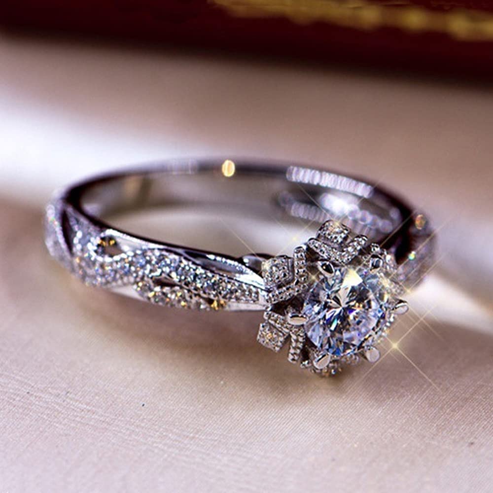 925 Sterling Silver Shiny Full Diamond Ring Cubic Zirconia Flower Ring CZ Diamond Ring Personality Ring for Women Luxury and Delicate Female Style Wedding Engagement Princess Ring Jewelry (US Code 8)