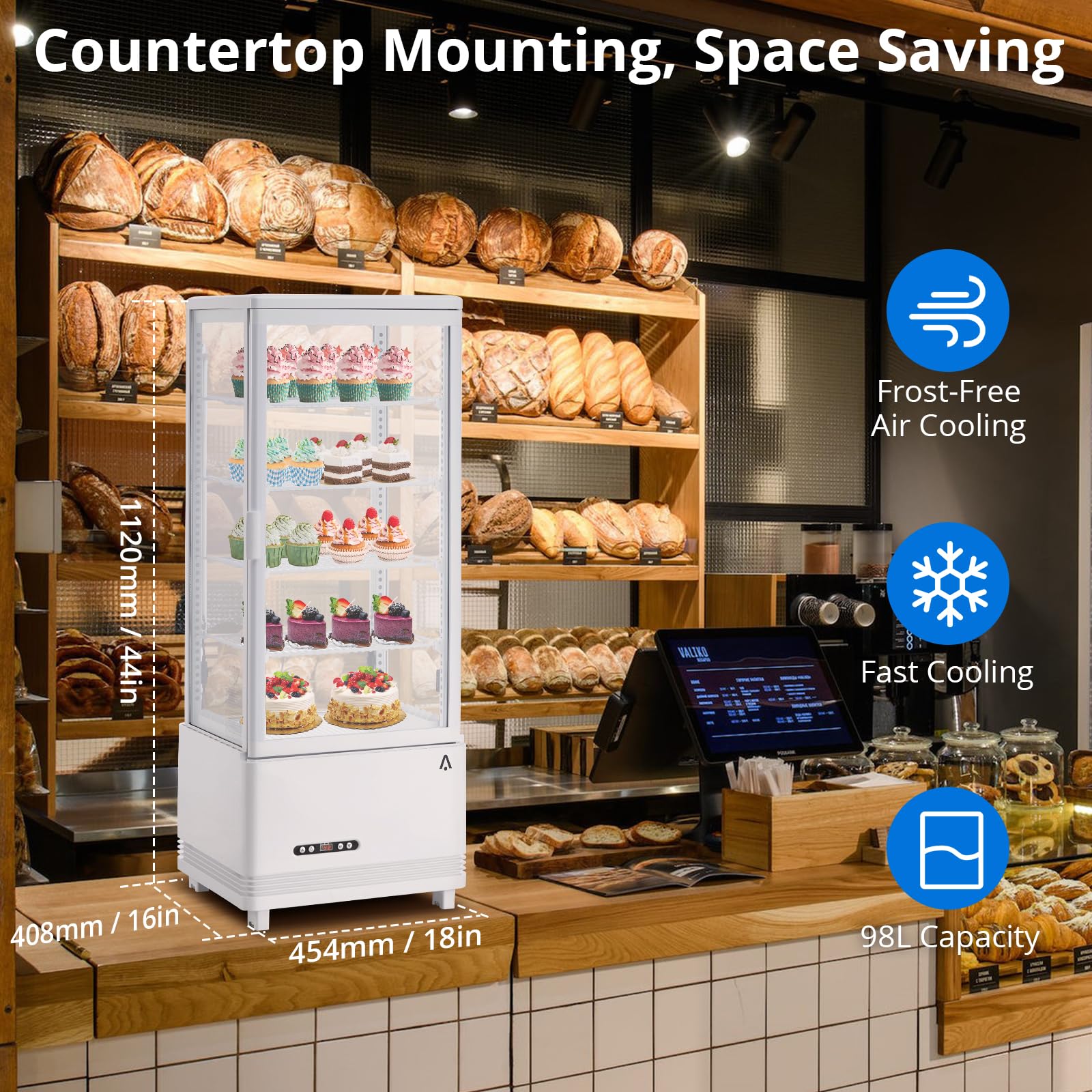 ACONEE Commercial, 3.46 Cu.Ft. Refrigerator Display Case Countertop Fridge, Upright Beverage Merchandiser Adjustable Shelves, Interior Lighting, White