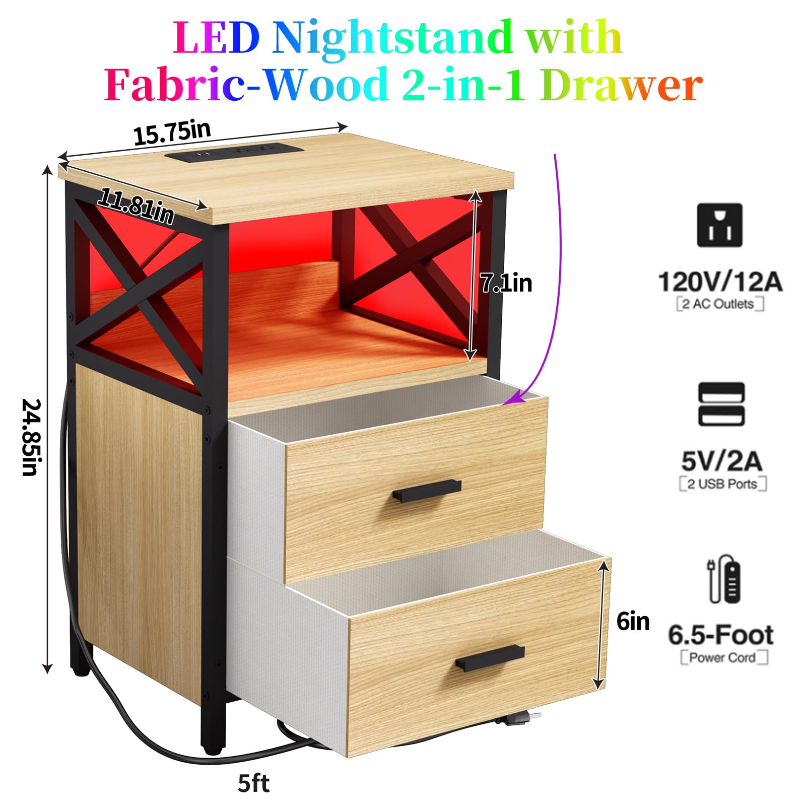 HDDDZSW LED Nightstand with Charging Station, Side Table with USB Ports and Outlets, End Table for Small Spaces, Log Colour Bedside Tables with Fabric-Wood 2-in-1 Drawer for Bedroom, Living Room