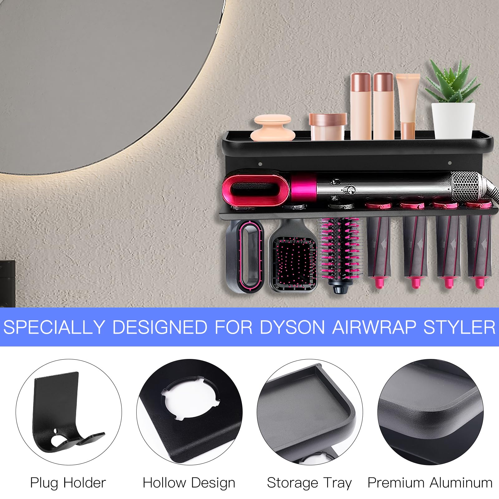 AIYIMIMI Storage Holder for Dyson Curling Iron, Hair Dryer Holder Wall Mounted Rack for Storage Dyson Airwrap Attachments, for Bathroom, Bedroom and Hair Salon, 2 Installation Methods