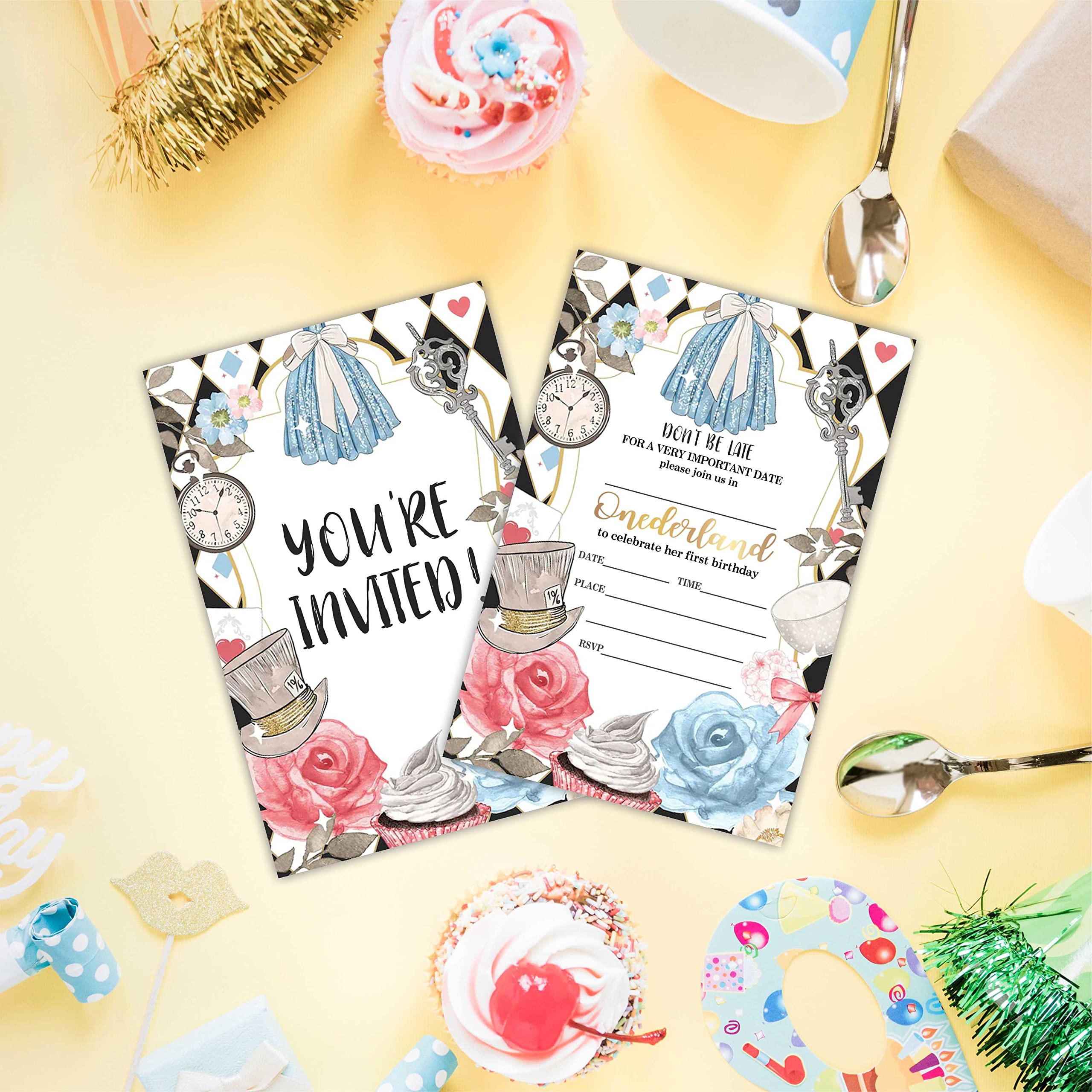 AWSICE Floral Birthday Invitations, Double-Sided Fill-In Invite Cards For Birthday Party, 20 Invitations With Envelopes, Decorations,Party Favor And Supply-A27