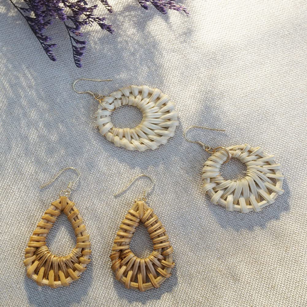 4 Pairs Geometric Rattan Earrings,Tassel Woven Bohemian Earrings for Women Girls Straw Braid Hoop Drop Dangle Earring
