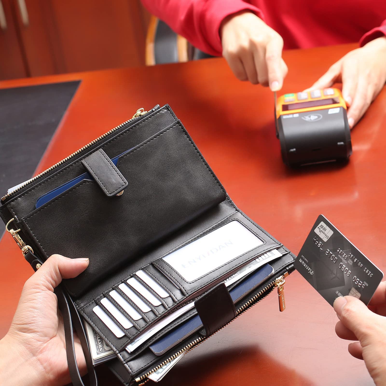 ENYISDAN Women Wristlet Clutch Wallet Long RFID Blocking Leather Wallet Multi Card Zipper Wallet with Credit Card Case Zipper Pocket Holder (black background/gray and white letters)