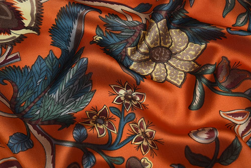 corciova Large Lightweight Women Square Designer Silk Scarf Shawl Pashmina Wrap 53 x 53 Safety Orange Burgundy Florals