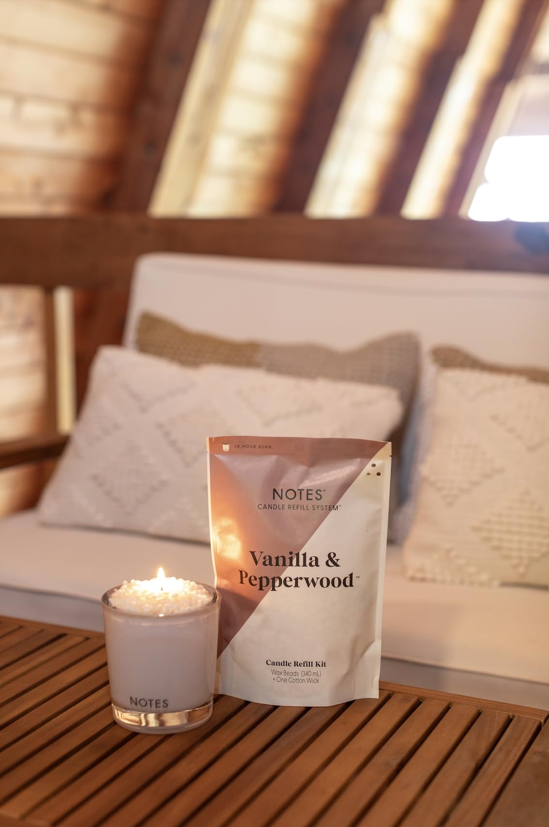 NOTES Sustainable Candle Refill | Non-Toxic Fragrance, Natural Wax Beads (Beeswax, Rice bran and Soy), Cotton Wick and Sustainer - (1) Vanilla & Pepperwood
