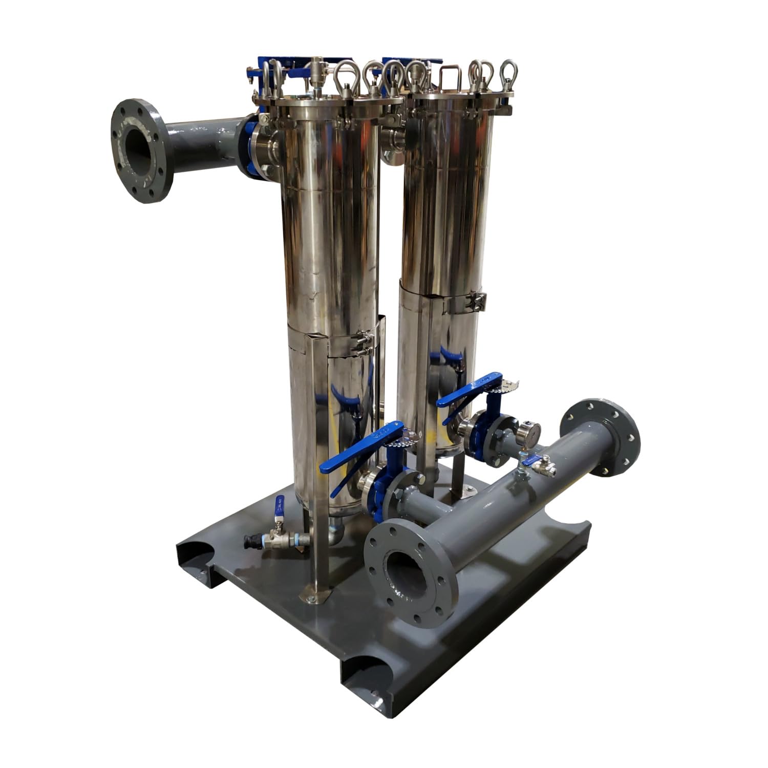 PRM Dual Bag Filter Housing Skid; #2 Size; Bolt Plate Lid; 304 SS; 4" Flange in/Out;150 psi