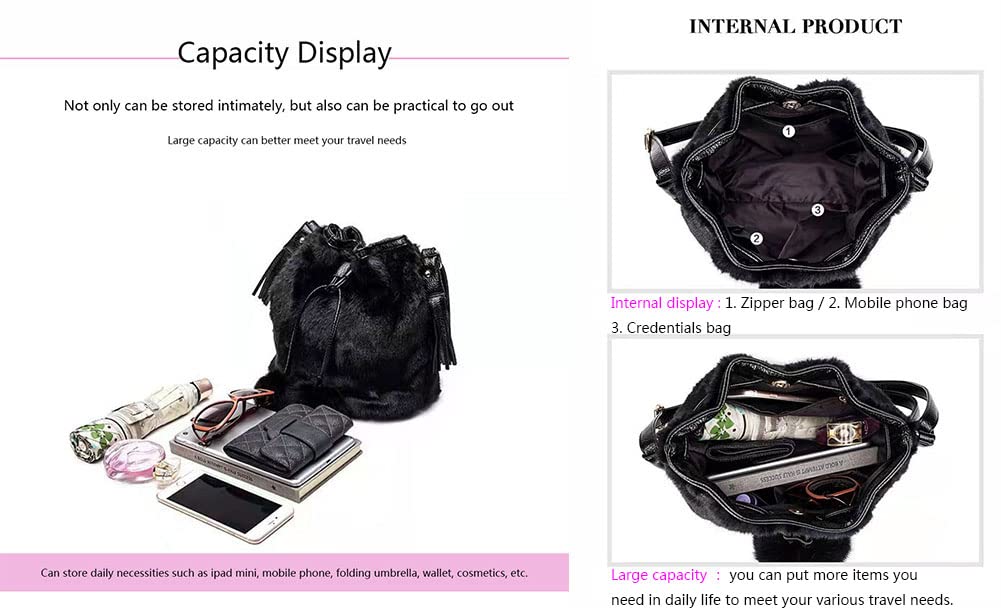 ENYIWH Women Leopard Print Faux Purse Fur Drawstring Bucket Bag Shoulder Crossbody Bag