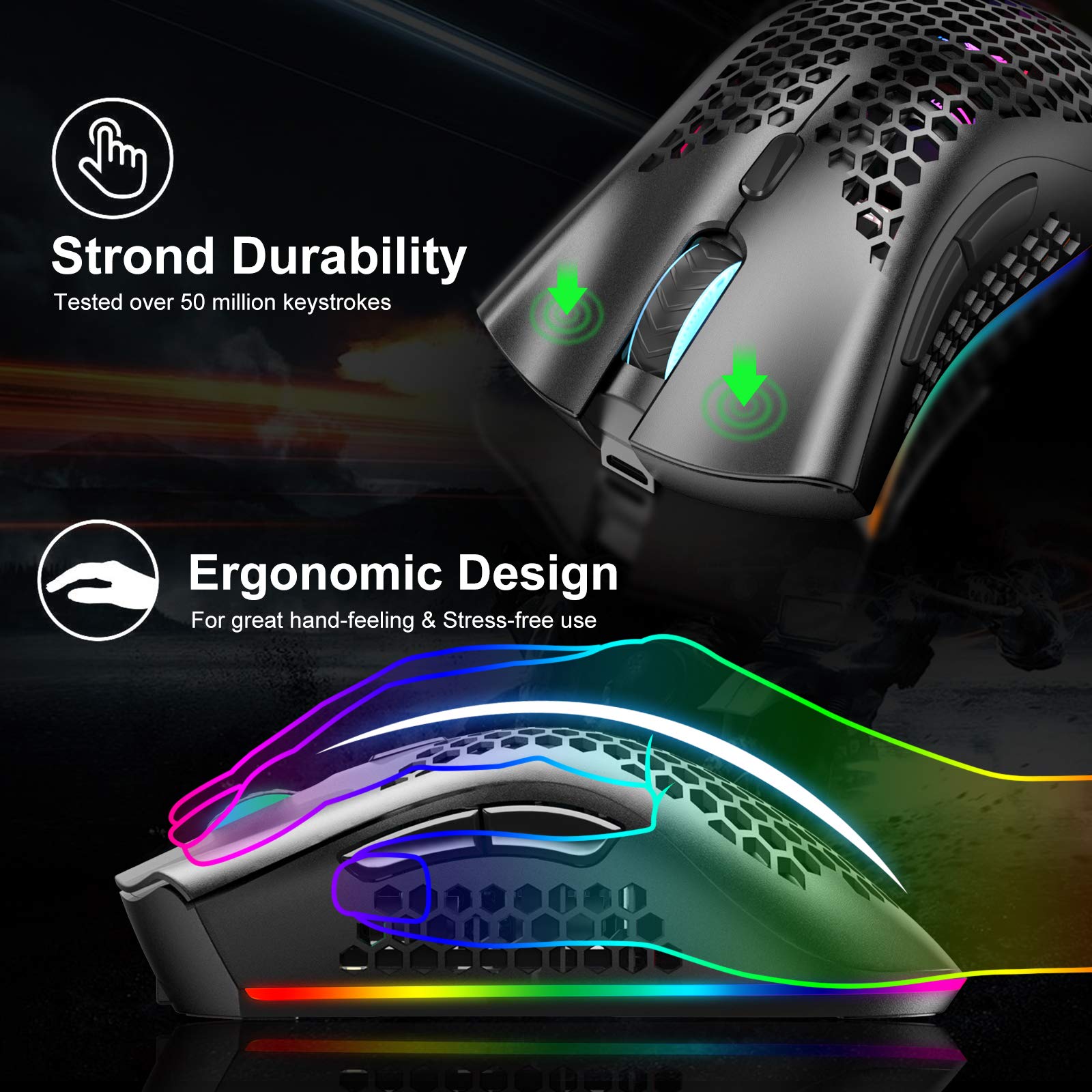 AAJO Wireless Gaming Mouse, USB Mouse Gaming with Honeycomb Shell, RGB Chroma Backlit Mouse, Hyperspeed Comfortable Grip Ergonomic Optical Mice for PC Computer Laptop