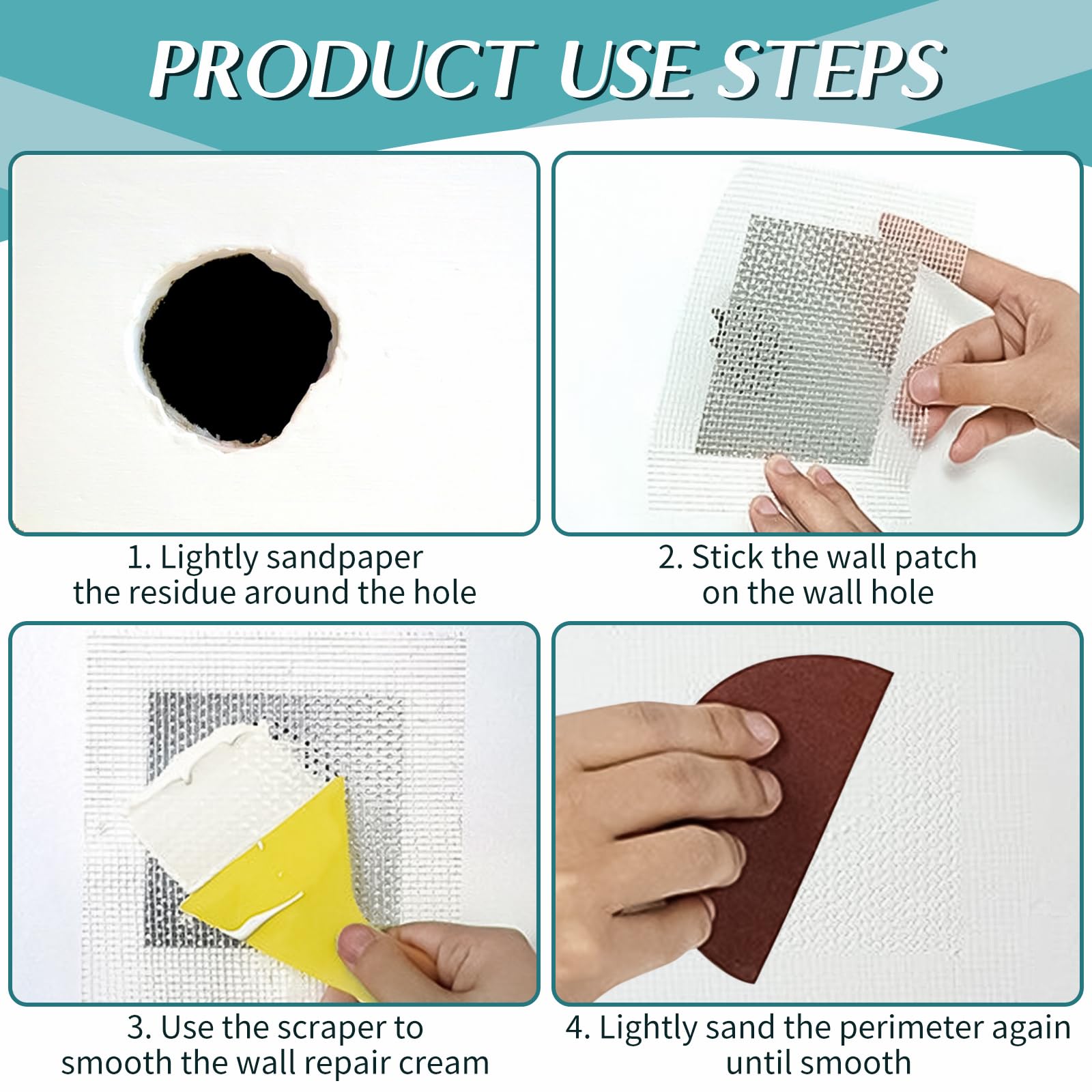TUZAZO 12 Pack Drywall Repair Kit, 4/6/8 Inch Aluminum Fiber Mesh Dry Wall Repair Patches with Scraper and Sandpaper, Self-Adhesive for Ceiling Plaster Wall Hole Easy Solution